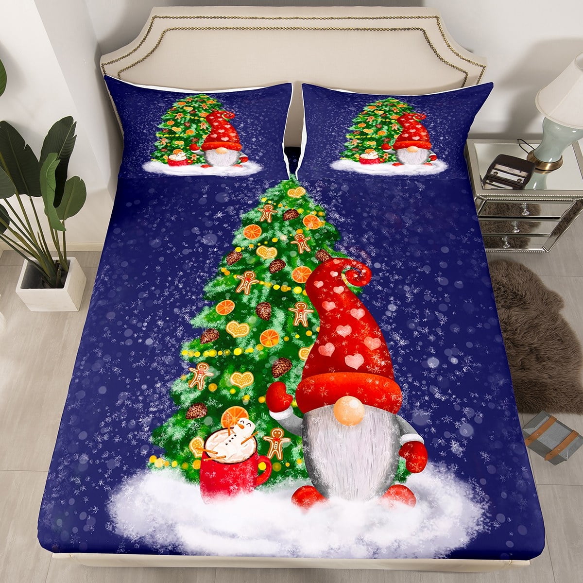 YST Christmas Fitted Sheet Queen Size,Gnome Christmas Tree Bedding Set ...