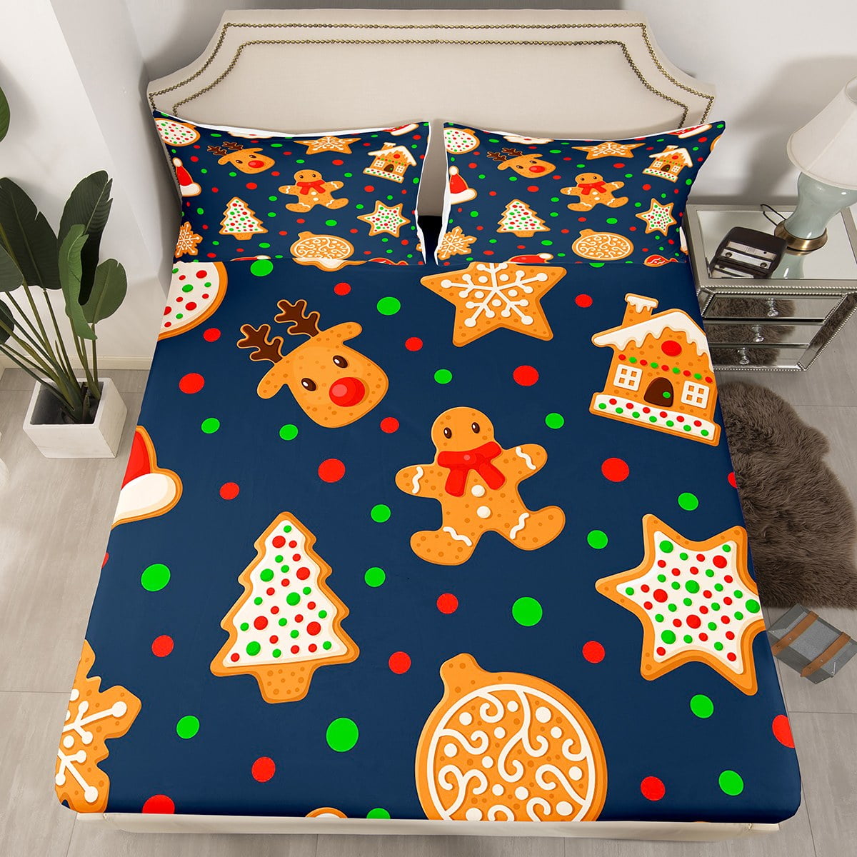 Erosebridal Christmas Fitted Sheet Queen Size,Reindeer Christmas Tree ...