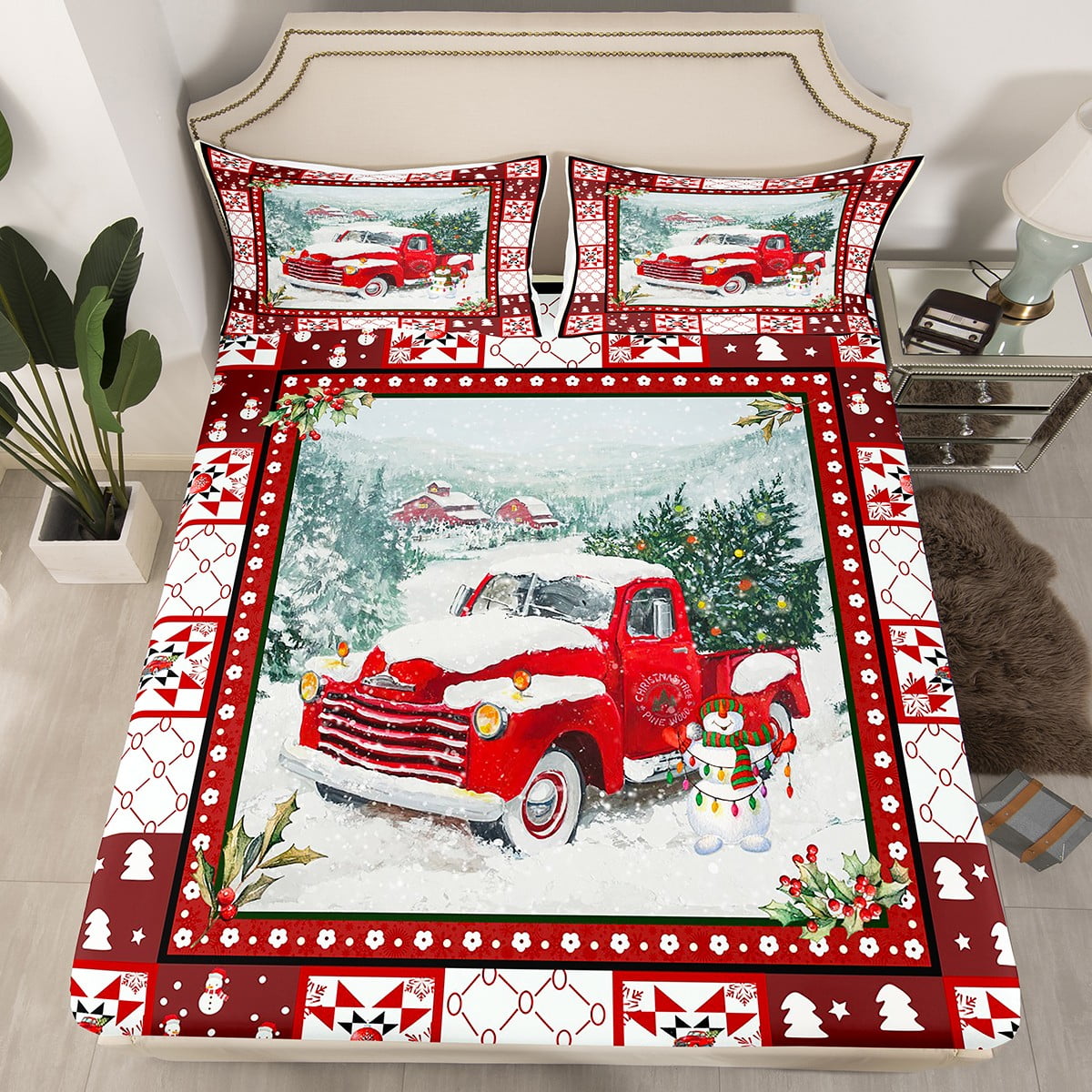 Erosebridal Christmas Fitted Sheet Twin Size,Farmhouse Truck Christmas Tree Bedding Set ...