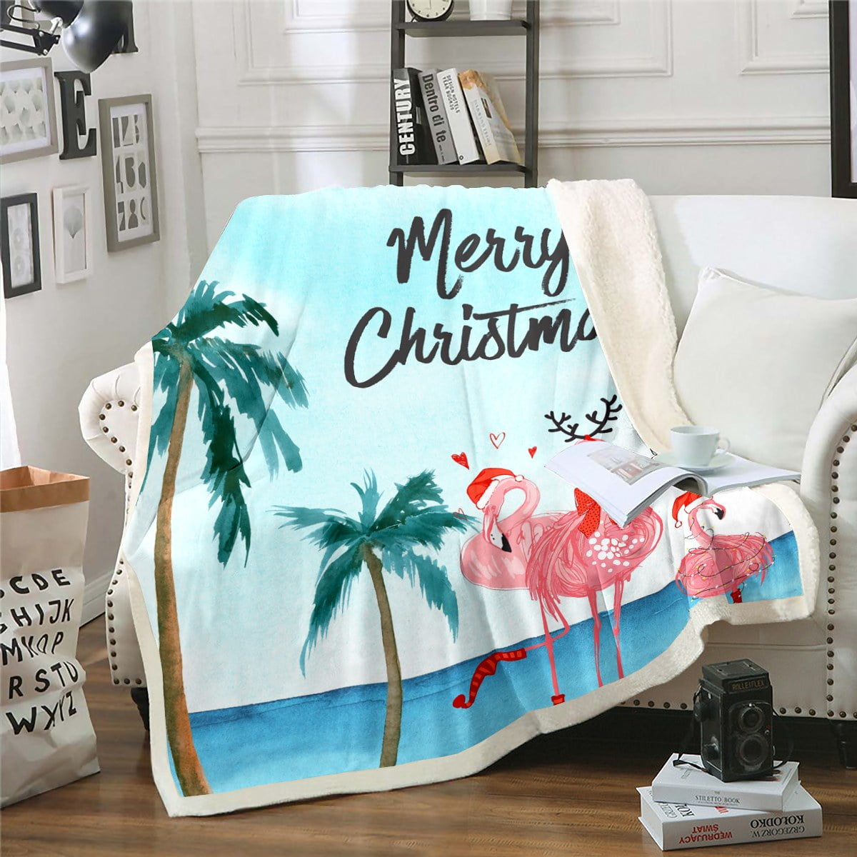 Christmas Gifts Fleece Blanket Kawaii Flamingo with Xmas Hat ...