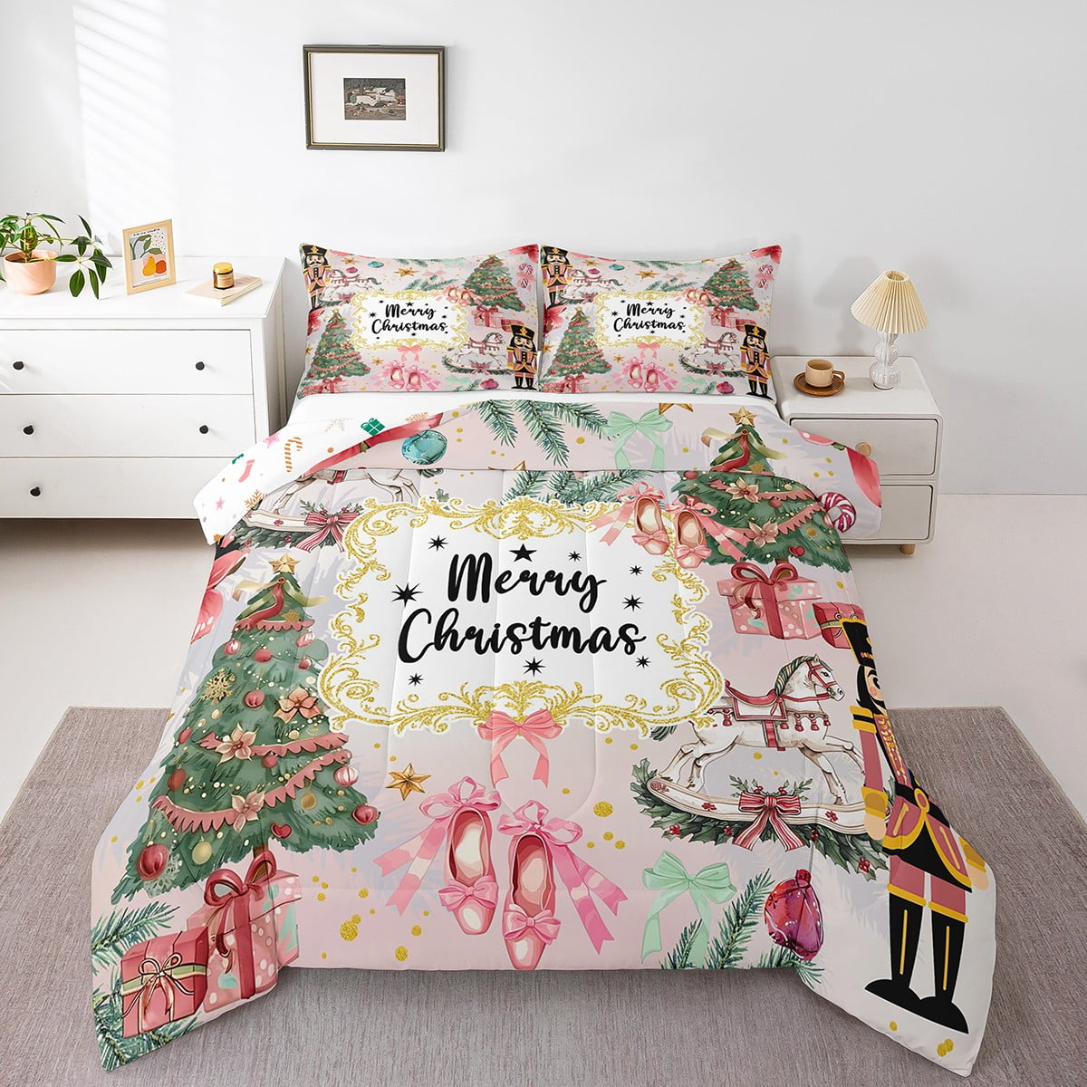 YST Christmas Nutcracker Full Comforter Set,Cute Floral Xmas Tree Bedding Set Gifts for Kids ...