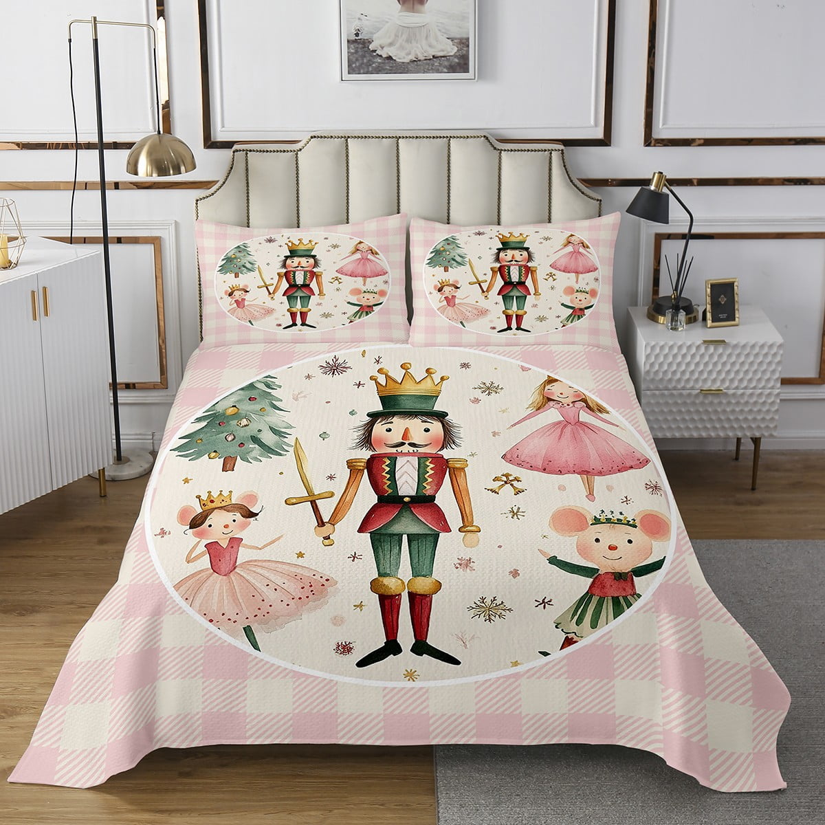 YST Christmas Nutcracker Quilt Set Queen Pink White Buffalo Plaid Xmas ...