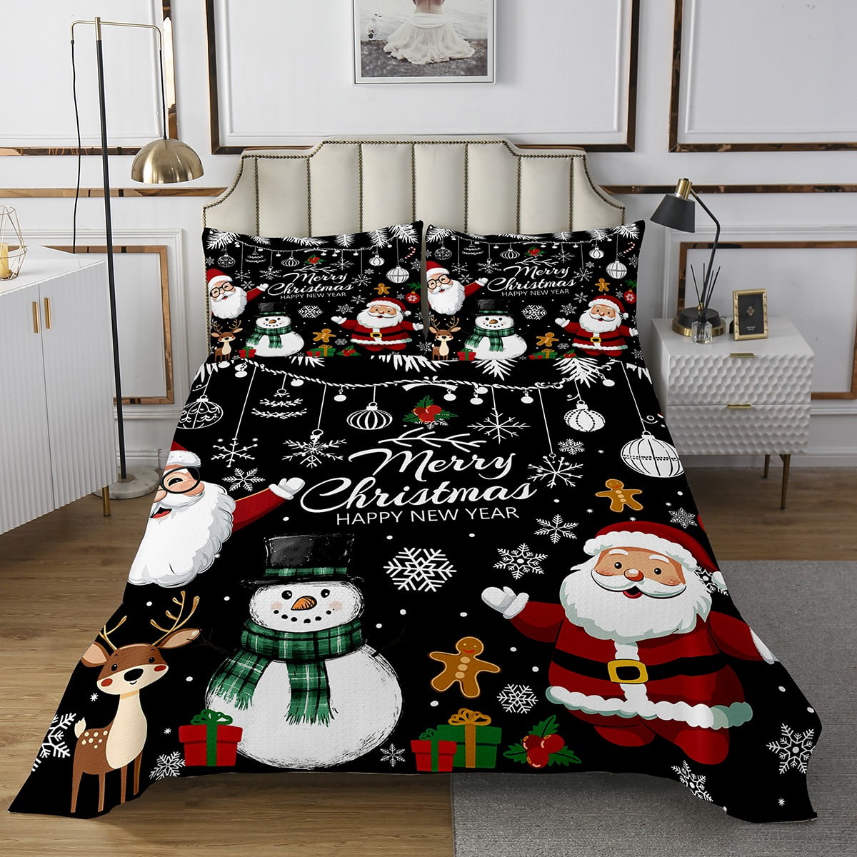 Christmas Queen Quilt Set Christmas Snowman Santa Claus Coverlet Set ...