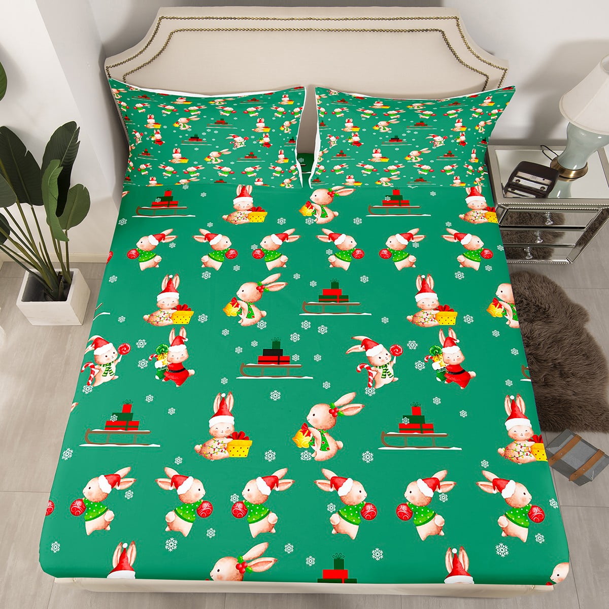 YST Christmas Rabbit Full Fitted Sheet for Girls Boys Xmas Theme Sheets ...