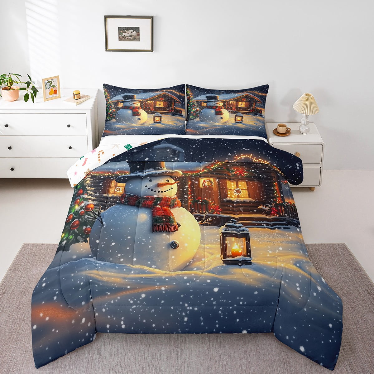 YST Christmas Snowman Bedding Set Cute Cartoon Winter Snowman Comforter ...
