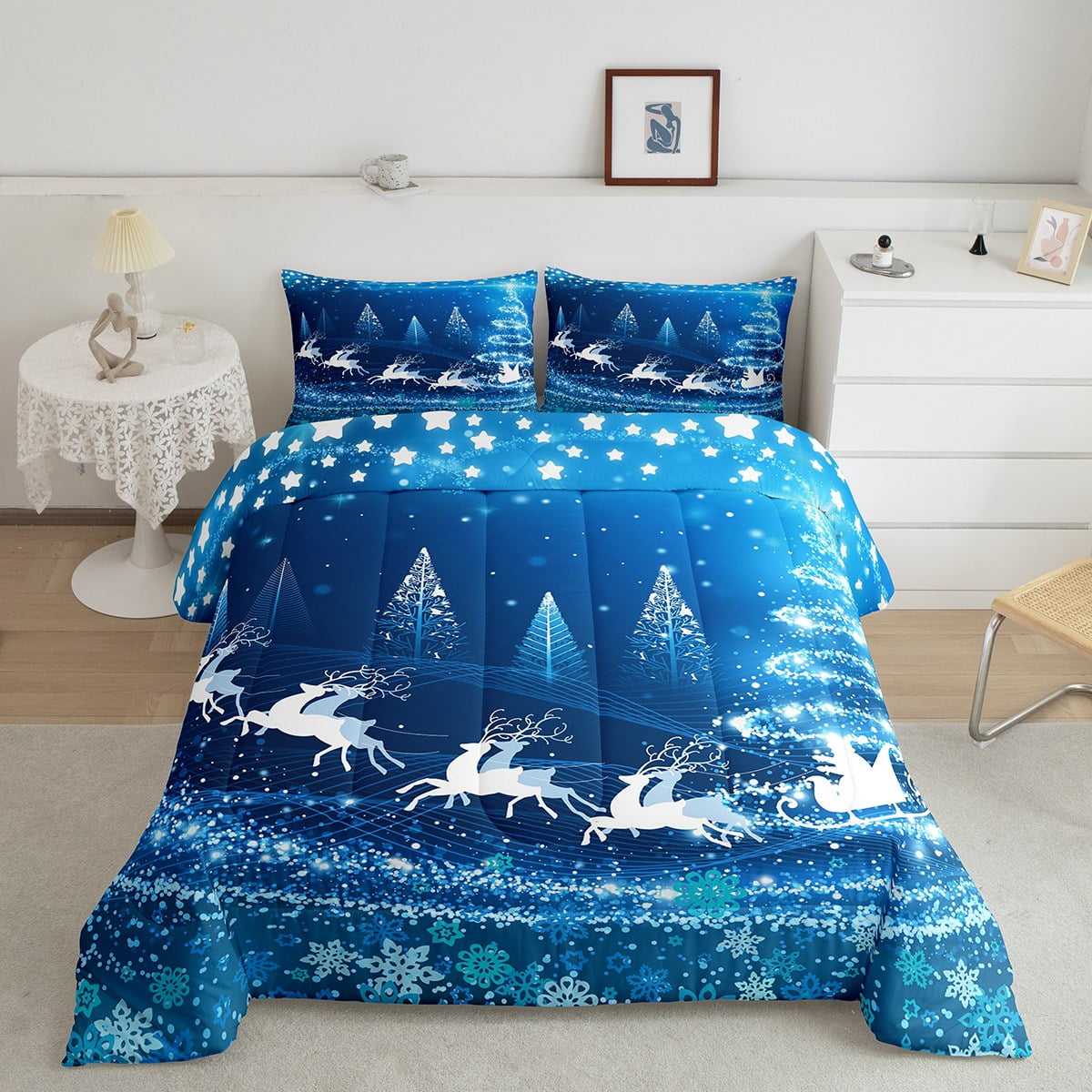 Christmas Tree Comforter Set Full,Cute Xmas Deer Santa Claus Bedding ...