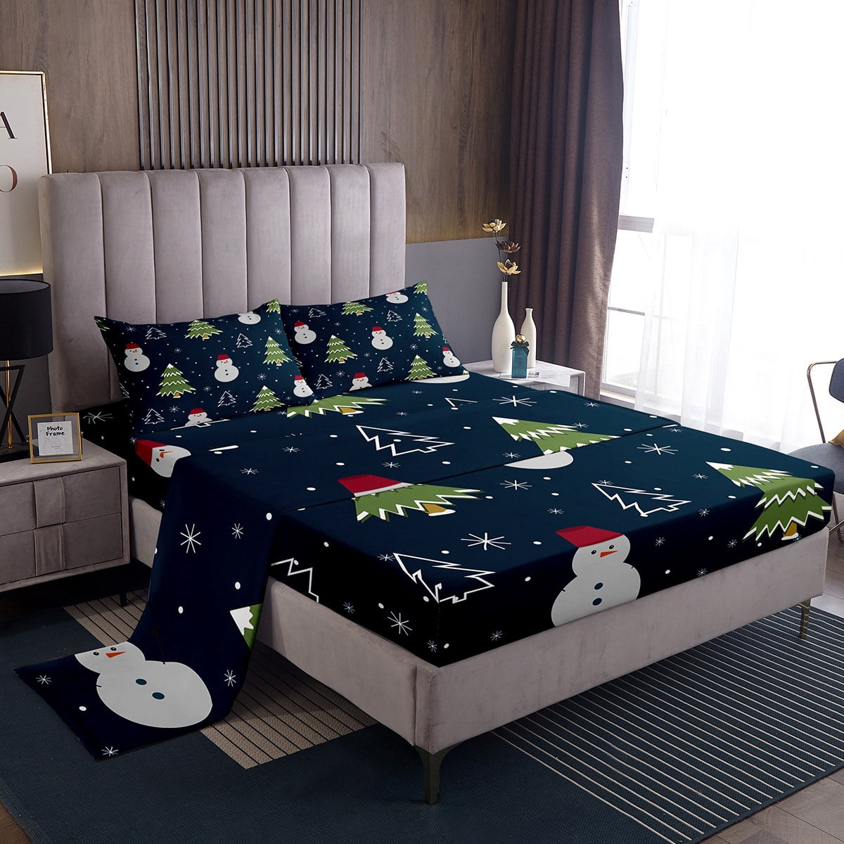 Erosebridal Christmas Tree Sheet Set Queen Size,Cute Snowman Snowflake ...