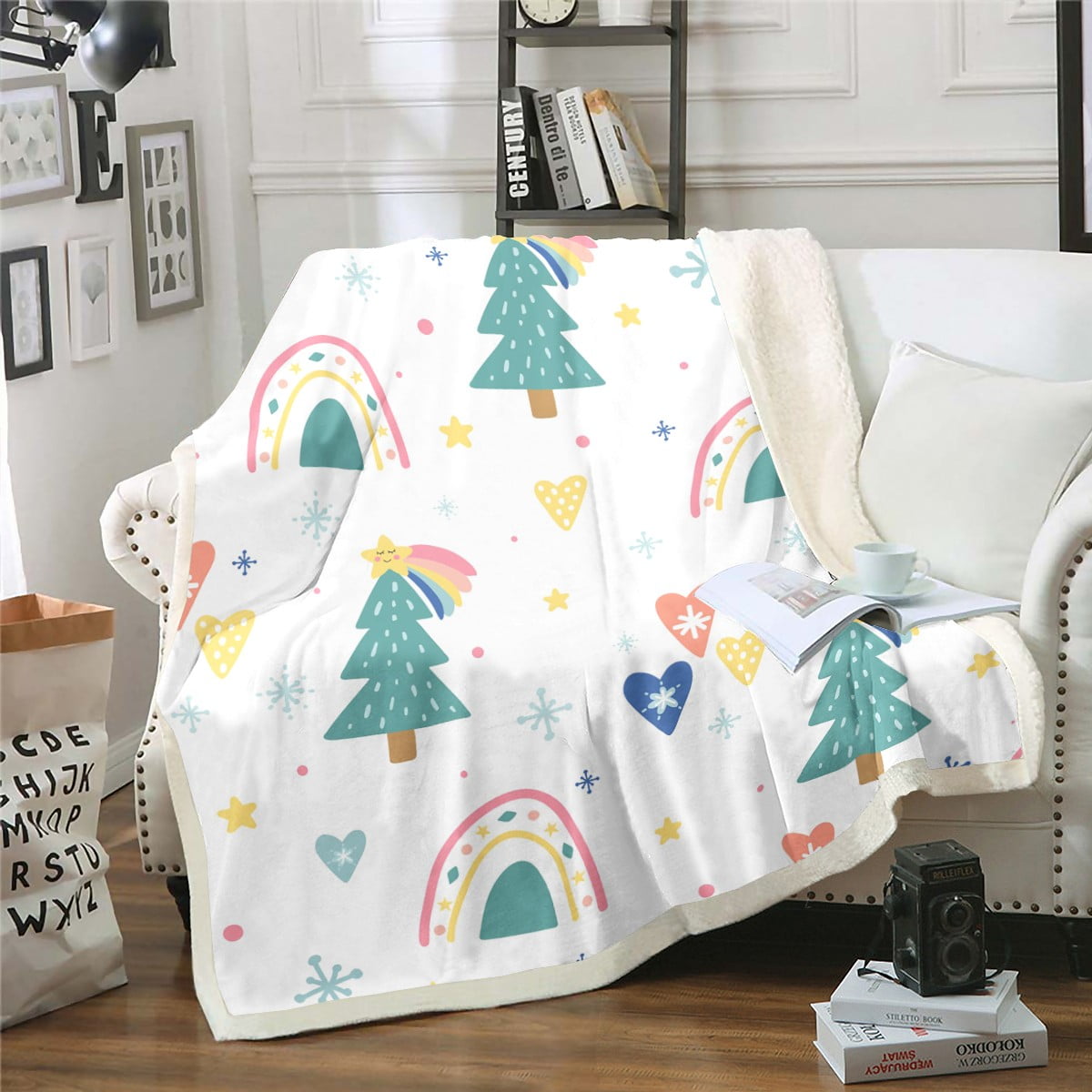 Christmas Tree Throw Blanket 40"X50", Rainbow Sherpa Blanket Cartoon ...