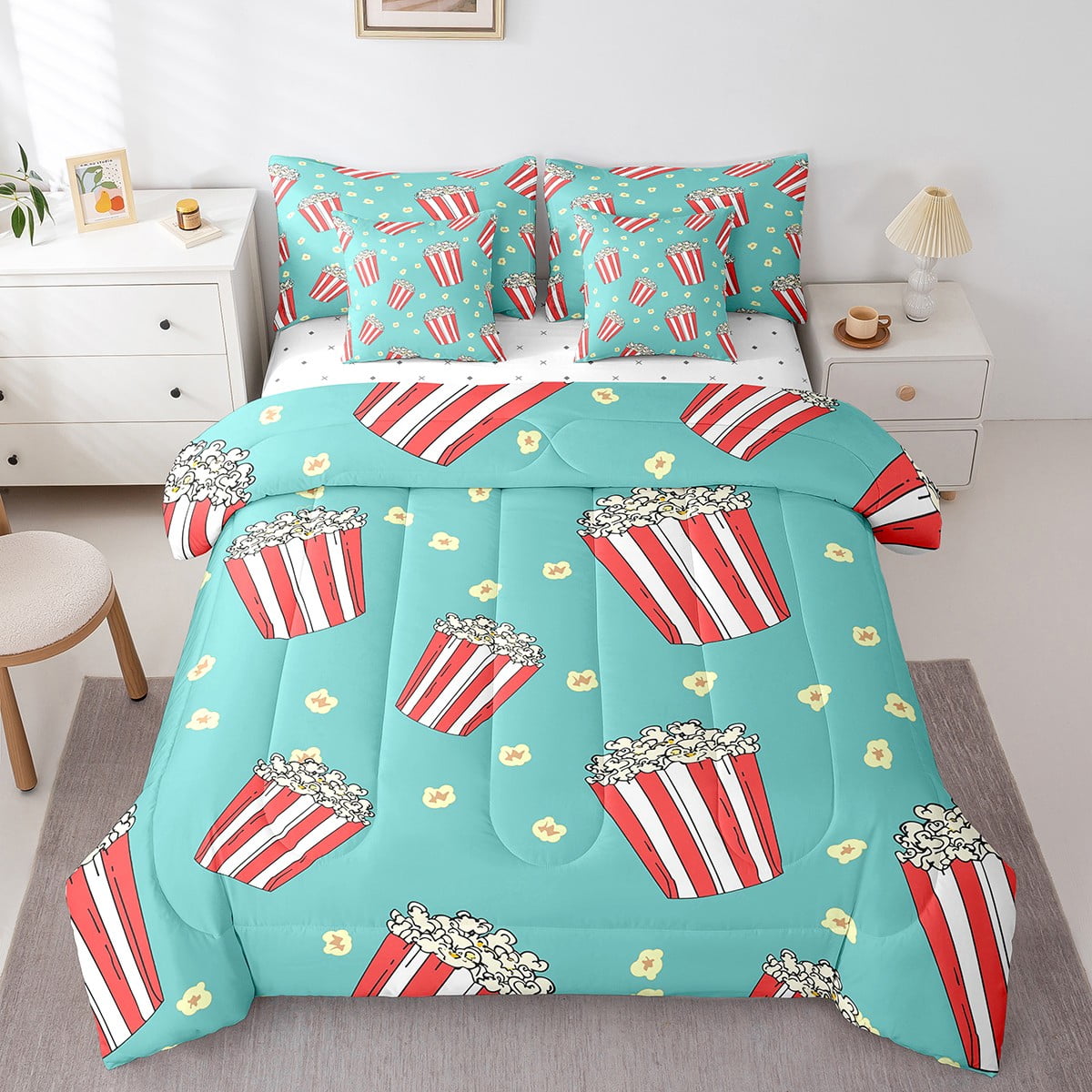 Cinema 7 Pcs Comforter Set King Popcorn Blue Bedding Set Cartoon Cute ...