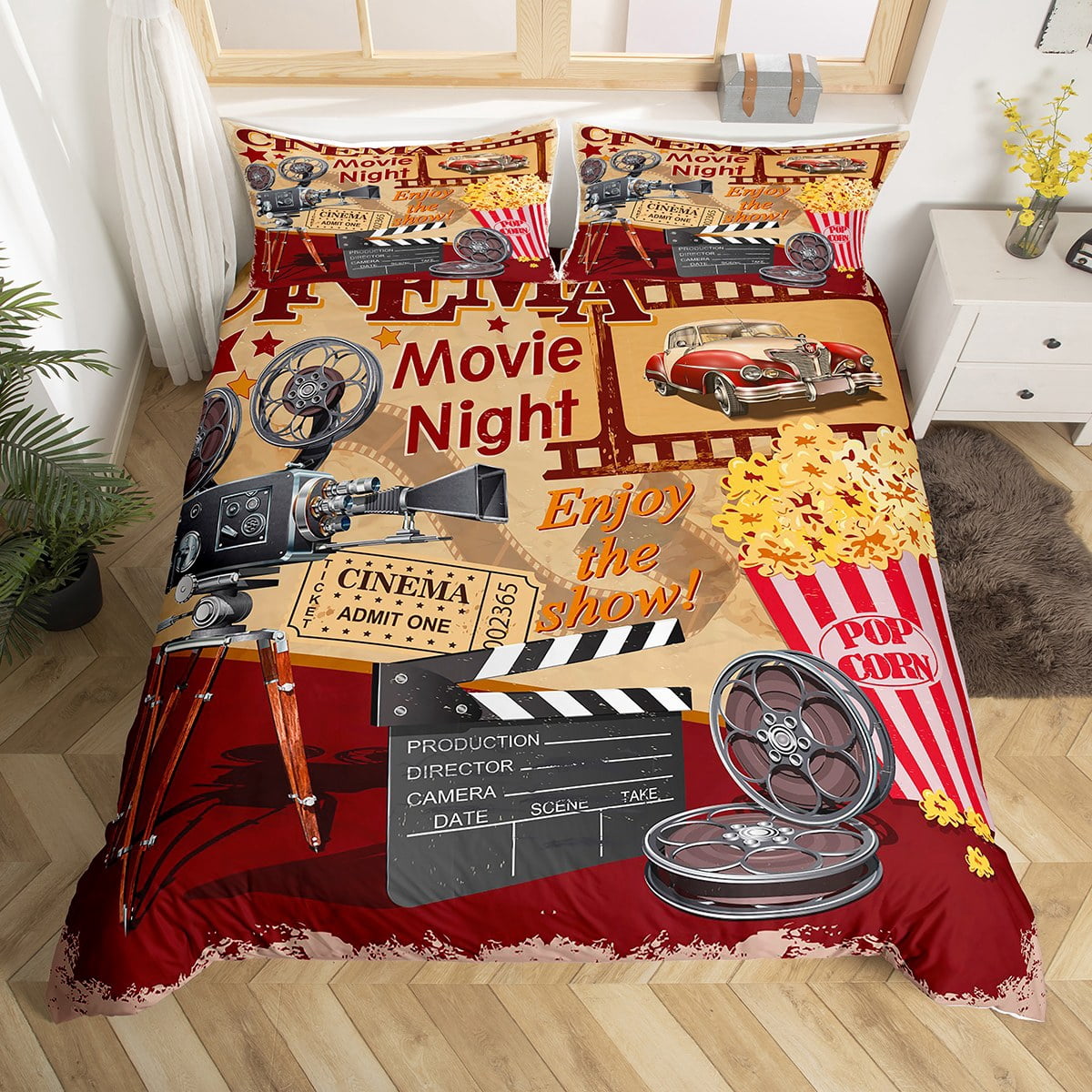 Cinema Bucket Duvet Cover Twin Retro Film Movie Night Bedding Set ...