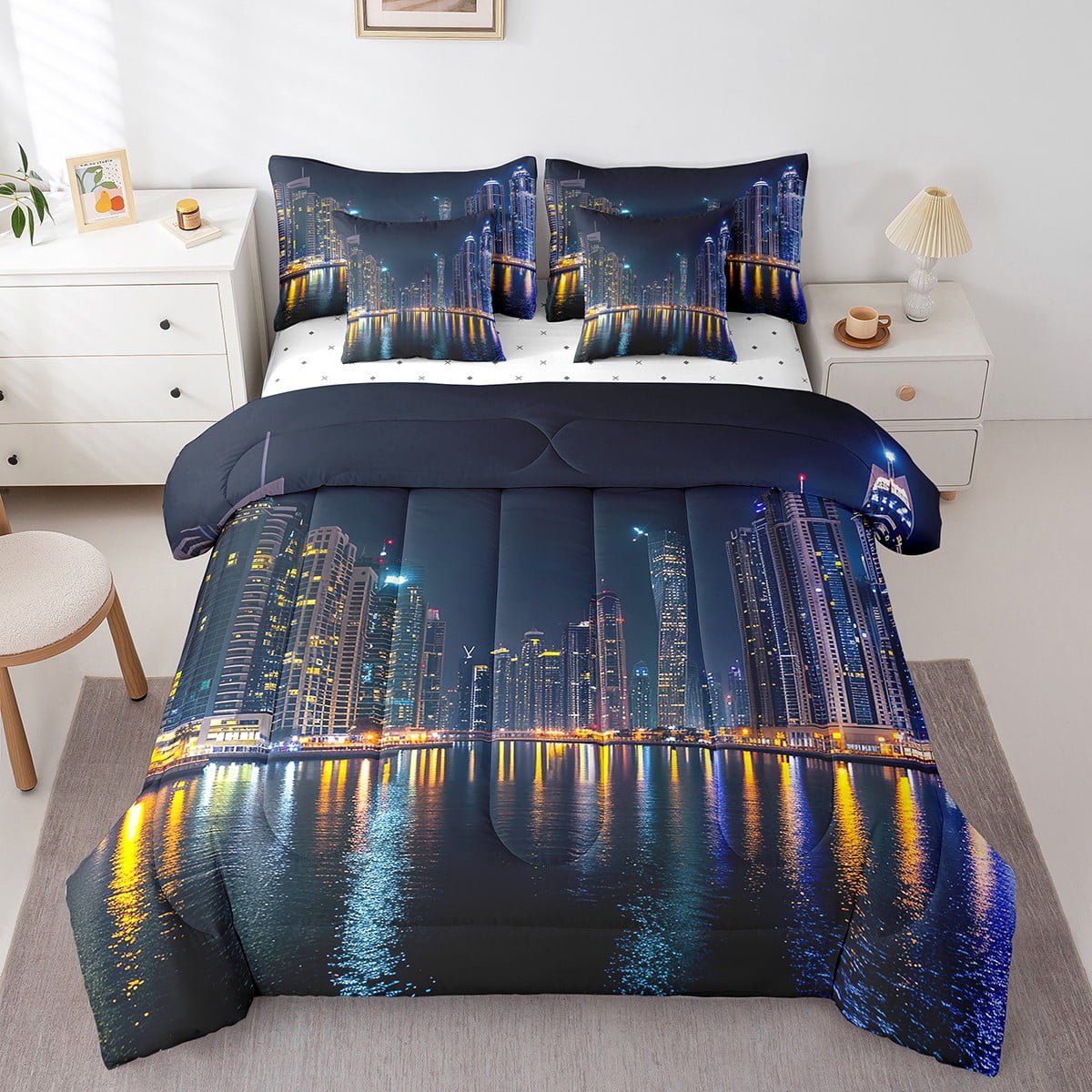 Erosebridal Cityscape 7 Pcs Comforter Set Night View City Architecture ...