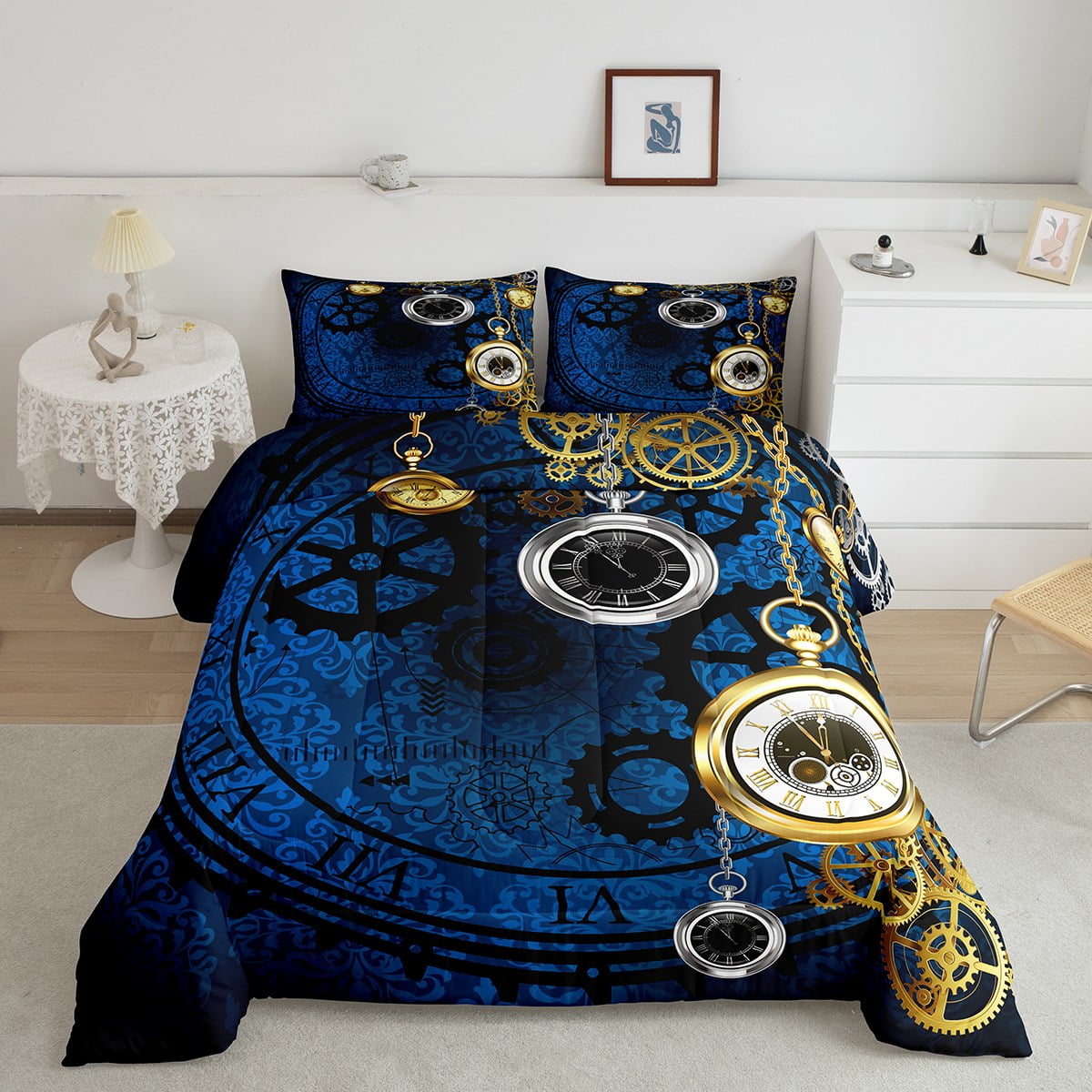 Clock Bedding, Steampunk Blue Watch Comforter Set Vintage Watches with ...
