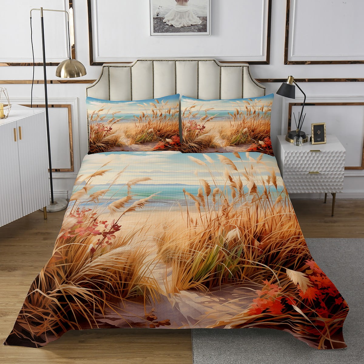 YST Coastal Beach Twin Quilt Set,Nature Themed Reed Plant Bedspread for Kids Girls Boys,Ocean ...