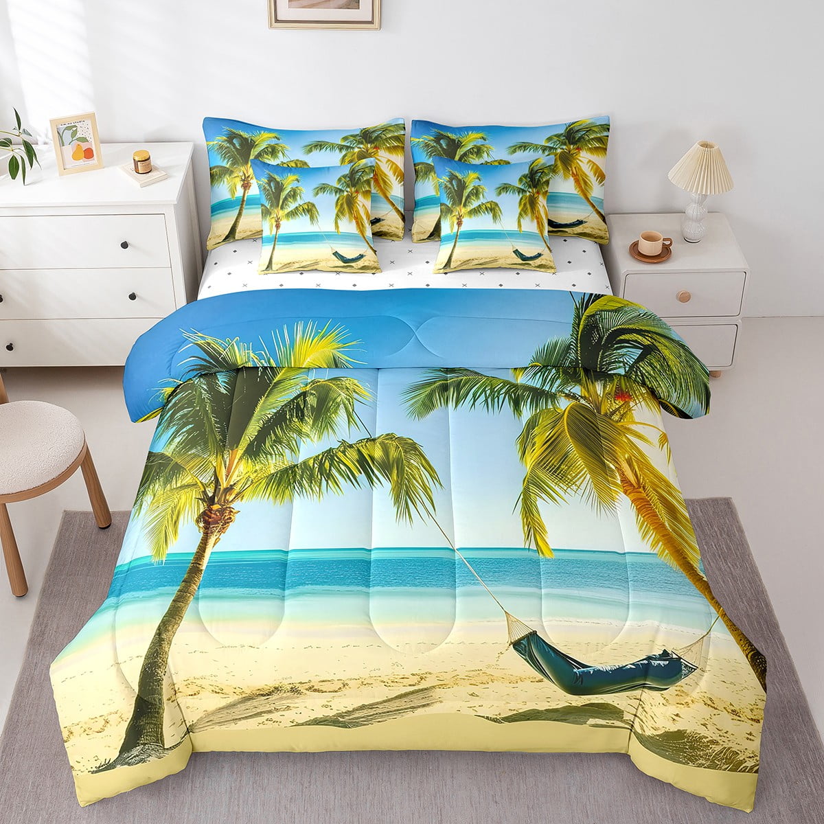 Coastal Palm Tree 7 Piece Comforter Set Queen Size,Summer Hawaiin Style ...