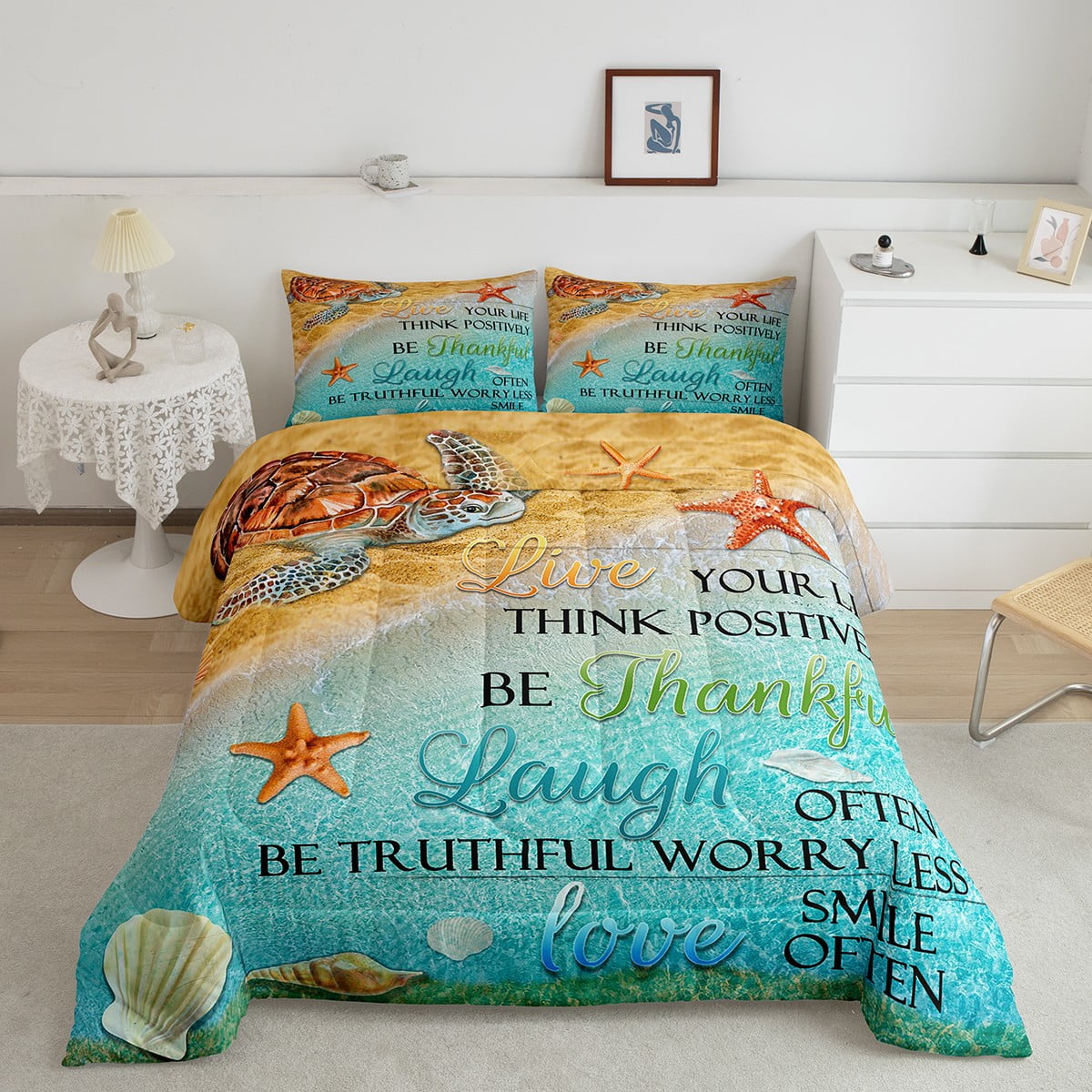 Coastal Sea Turtle Comforter Set ,Hawaii Ocean Beach Bedding Set Queen ...
