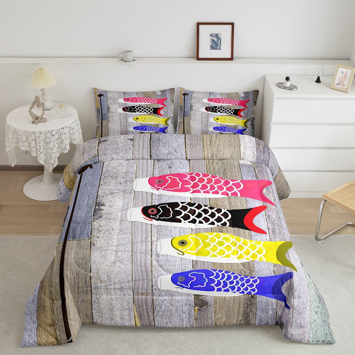 YST Coloful Fish Comforter Set, Rustic Farmhouse Cabin Decor Bedding ...