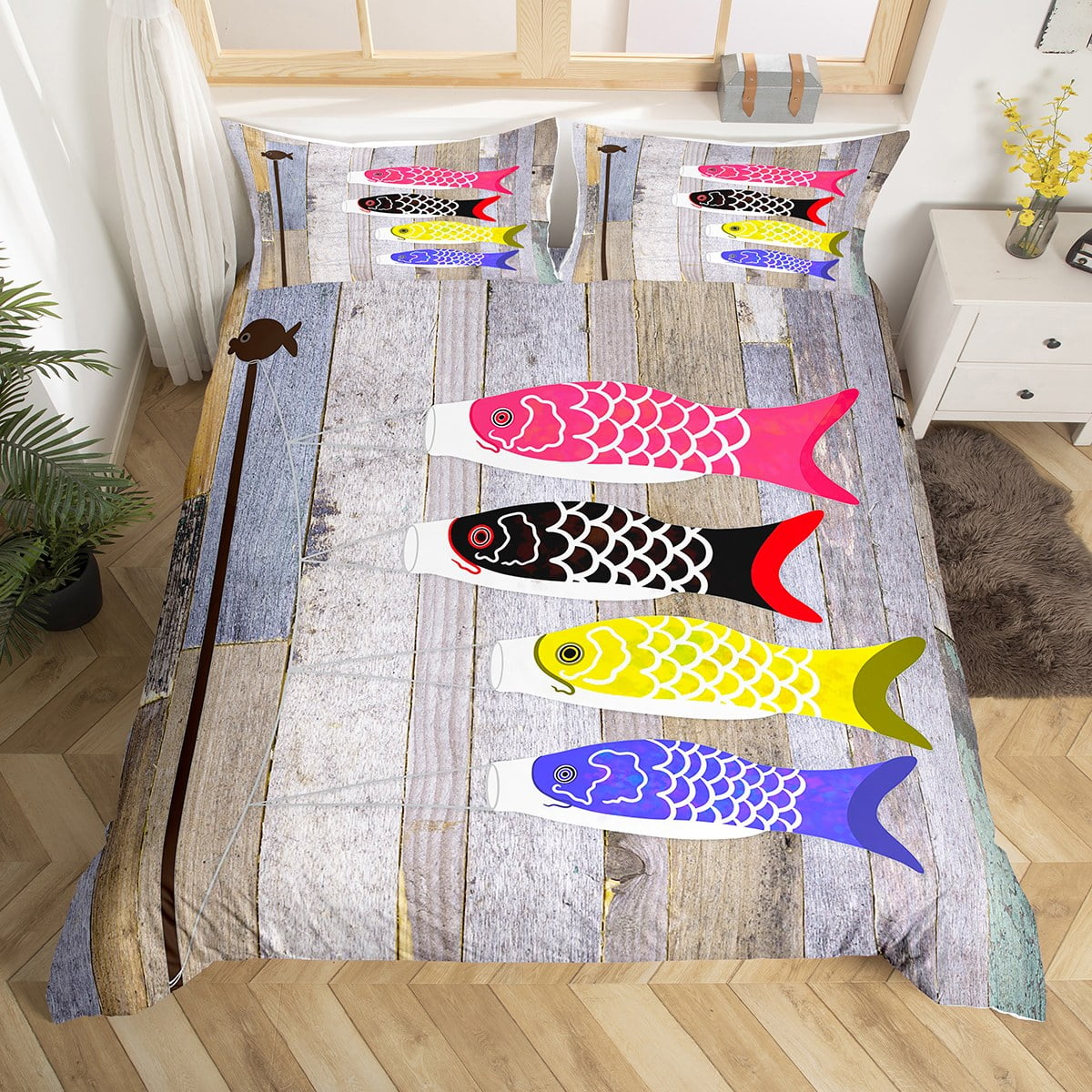 Erosebridal Coloful Fish Duvet Cover, Rustic Farmhouse Cabin Decor ...