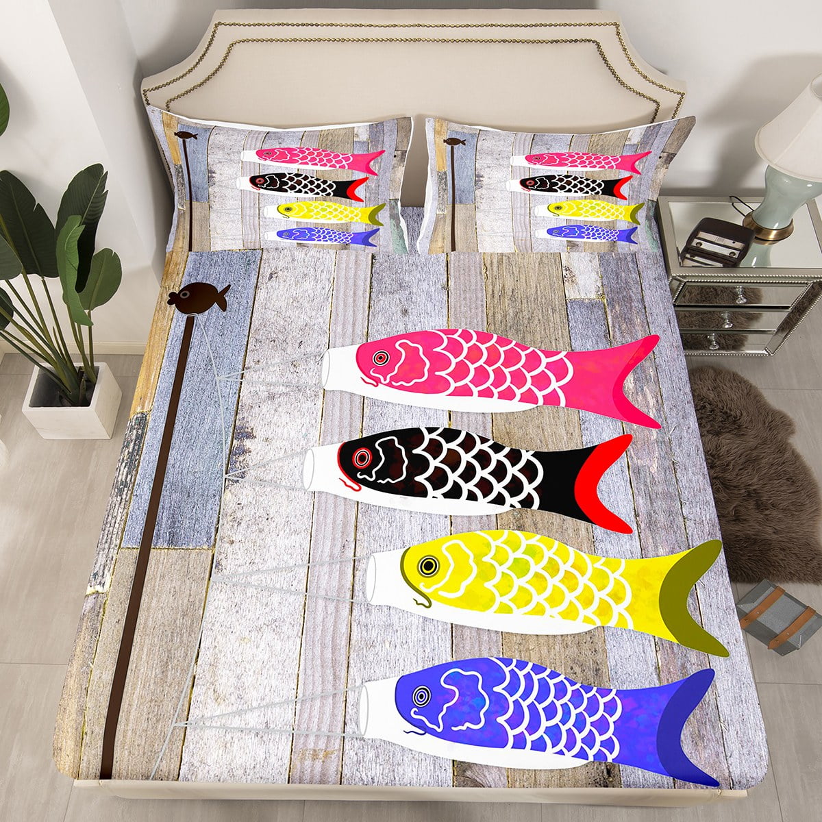 YST Coloful Fish Fitted Sheet, Rustic Farmhouse Cabin Decor Bed Sheets ...