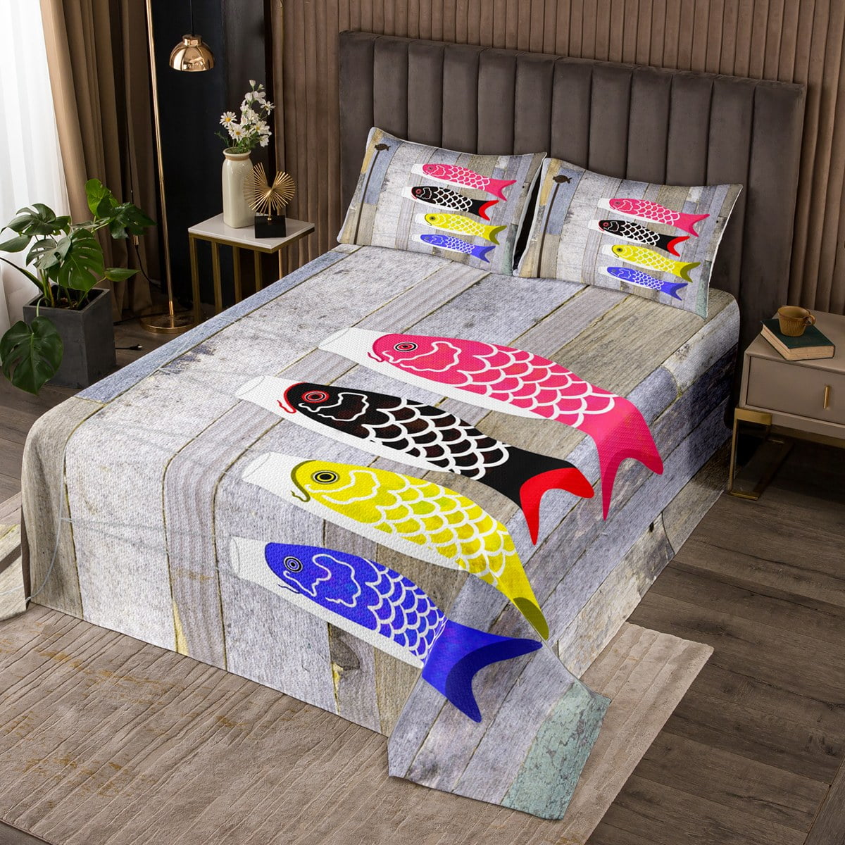Coloful Fish Quilt Set, Rustic Farmhouse Cabin Decor Bedspread Set ...