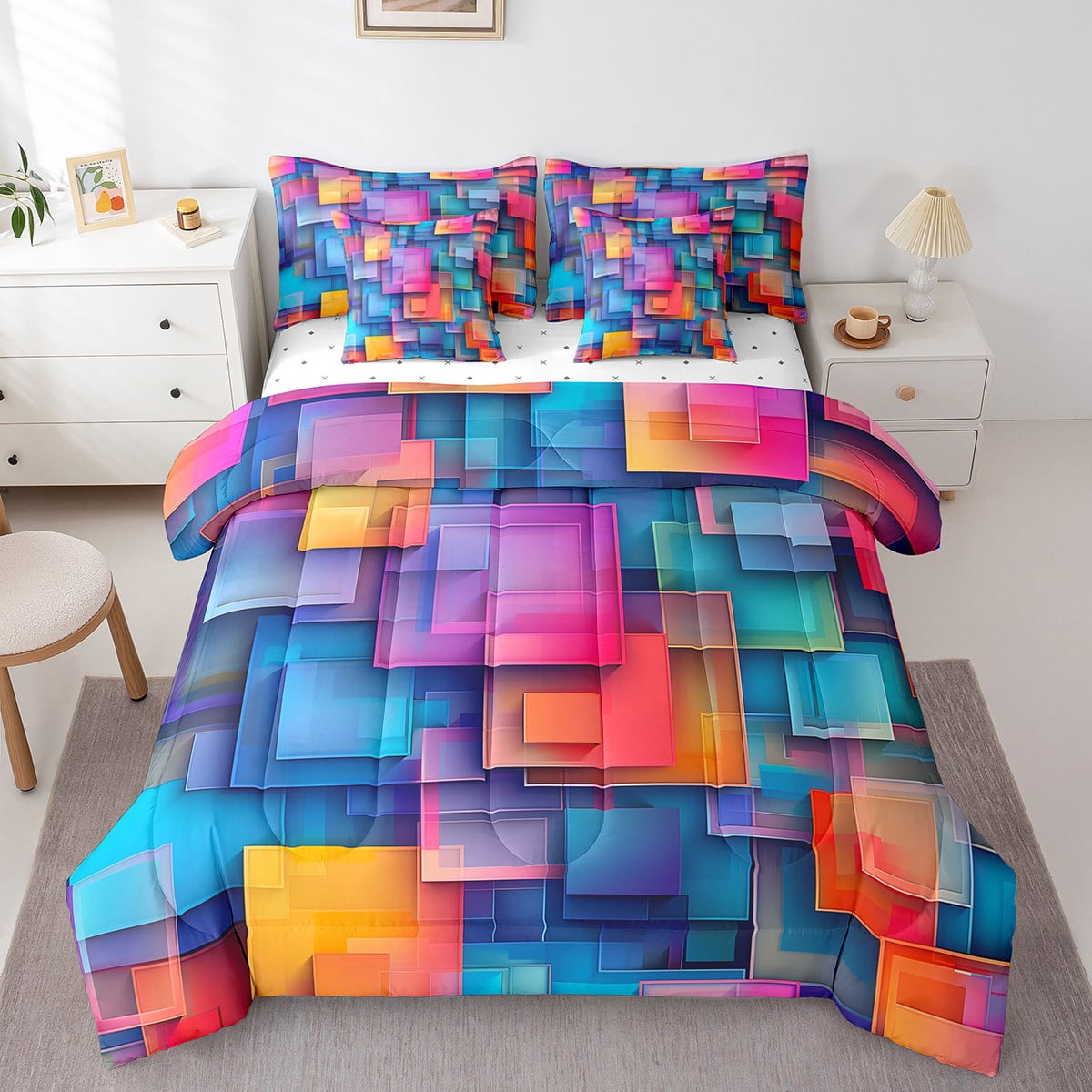 Color Blocks Hippie Comforter Set 3D Geometric Square Bedding Sets 7 ...
