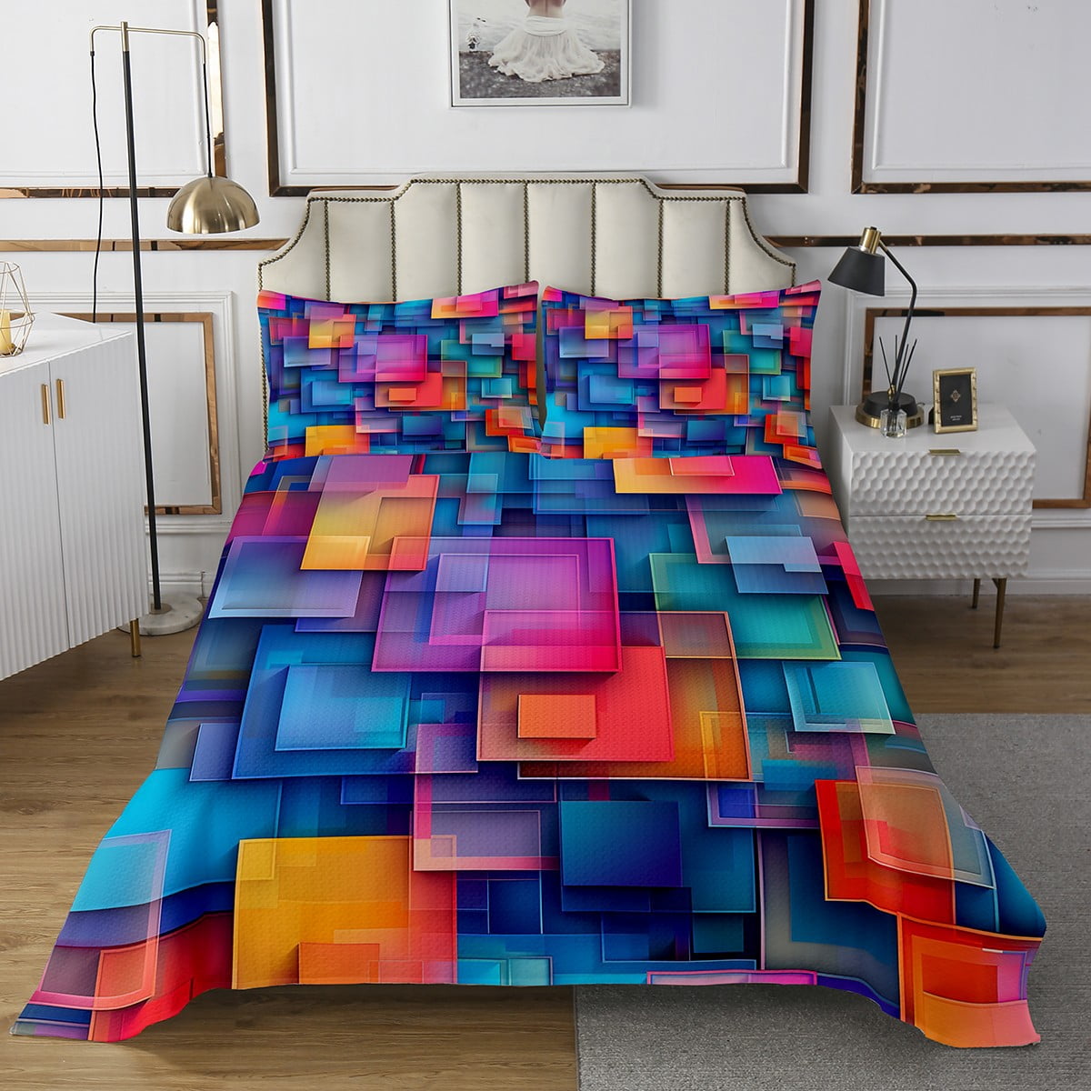 Color Blocks Hippie Quilt Set 3D Geometric Square Bedspread Set Queen ...