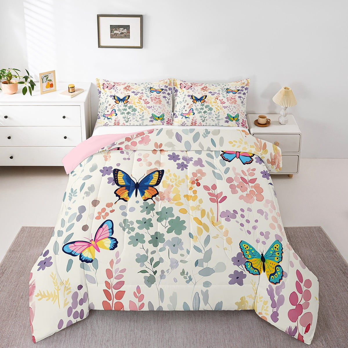 Colorful Butterfly Queen Comforter Set,Cute Floral Butterfly Bedding ...