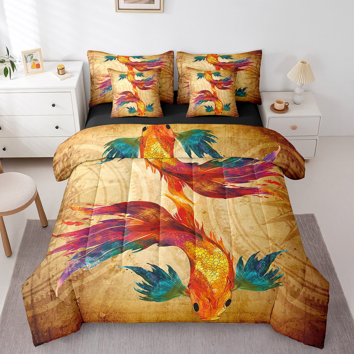 Colorful Carp Bed In A Bag,Japanese Style Koi Fish Bedding Set 7Pcs ...