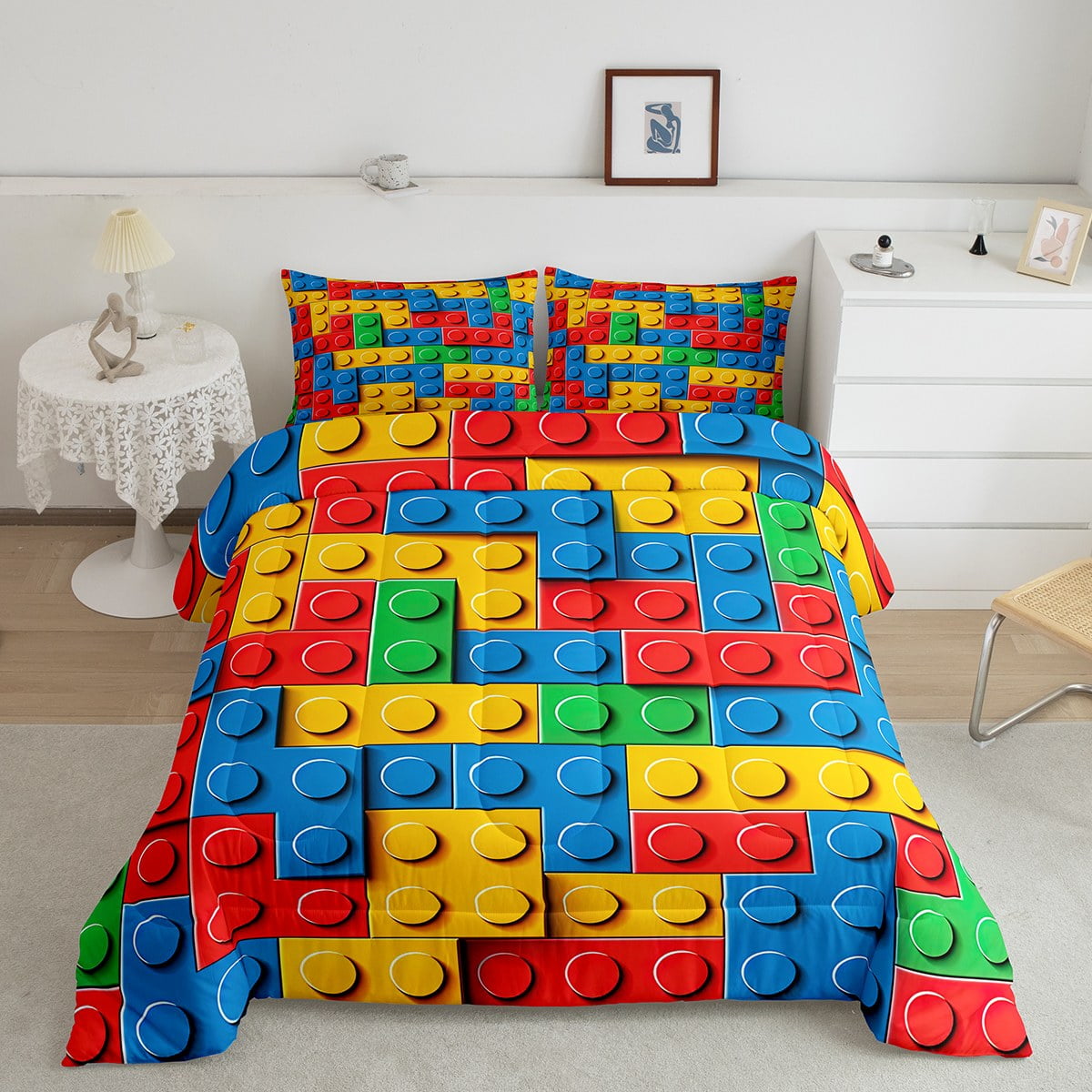 Erosebridal Colorful Comforter Set Queen, Building Blocks Bedding, 3D Rainbow Construction Brick ...