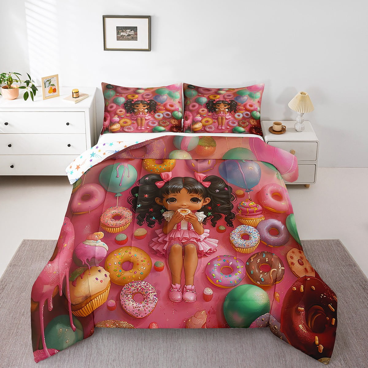 Colorful Donut Dessert King Bedding Sets ,Cute Pink Desserts Comforter ...
