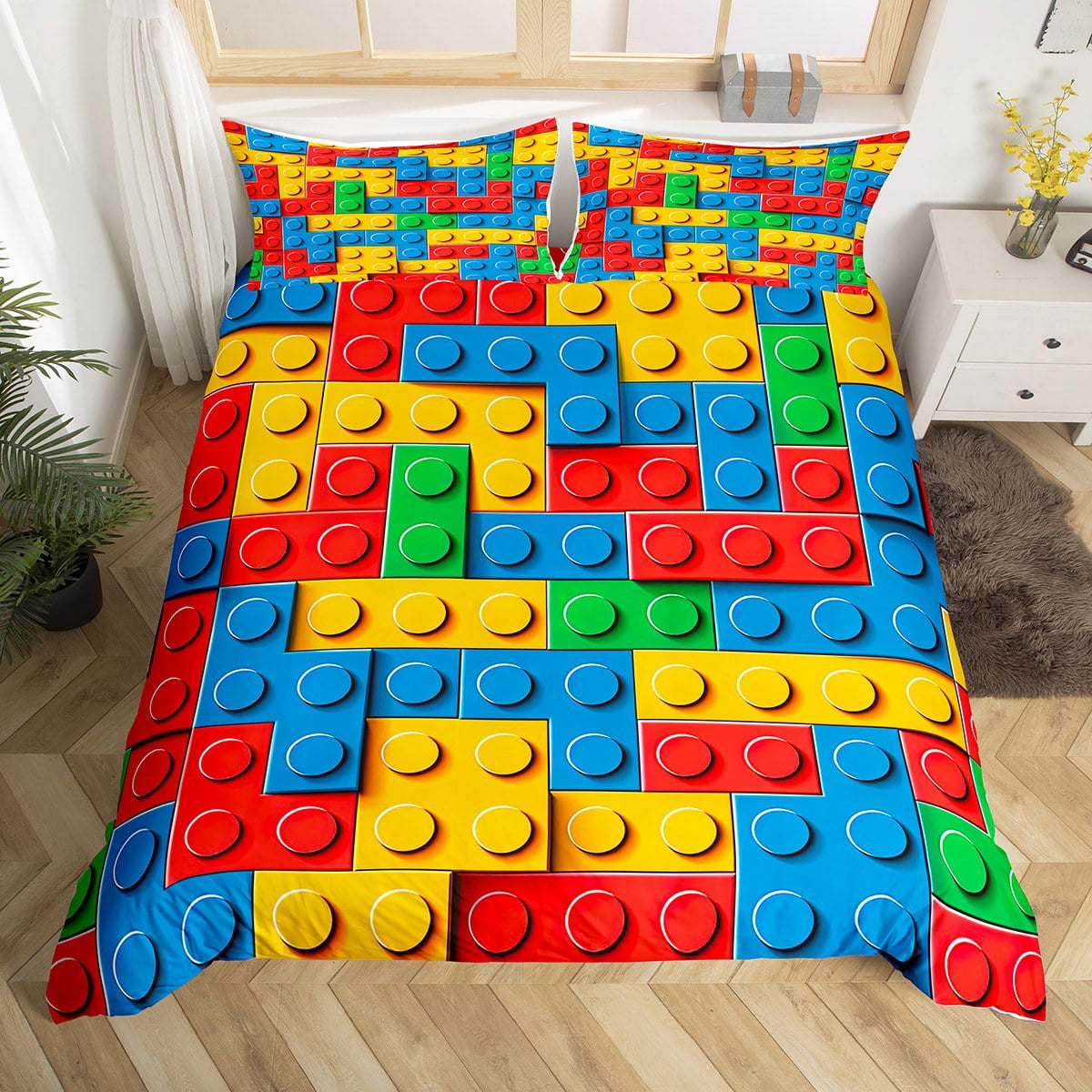 YST Colorful Duvet Cover Queen, Building Blocks Bedding Set For Kids ...