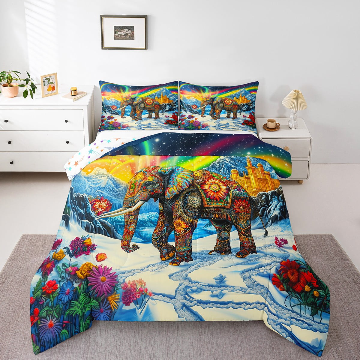 YST Colorful Elephant King Size Comforter Set, Boho Retro Wildlife ...