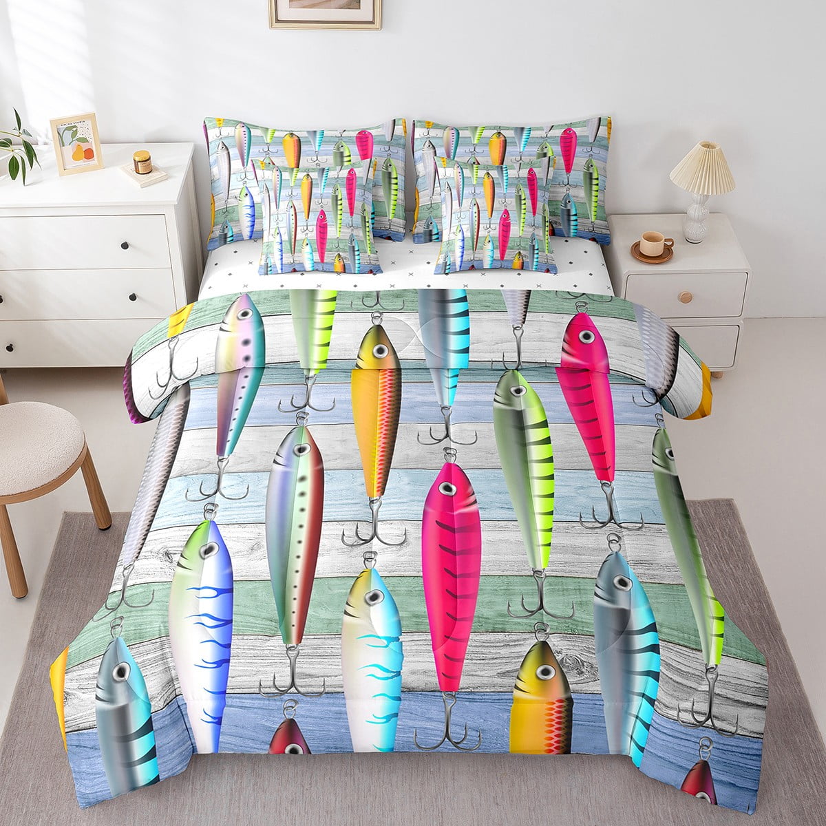 Colorful Fish 7 Pcs Bed in a Bag Twin Size,Fish Hook Fishing Comforter ...