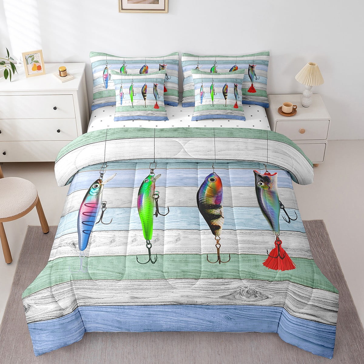 Colorful Fish Bed in a Bag Twin,Fish Hook Fishing 7 Piece Comforter Set ...