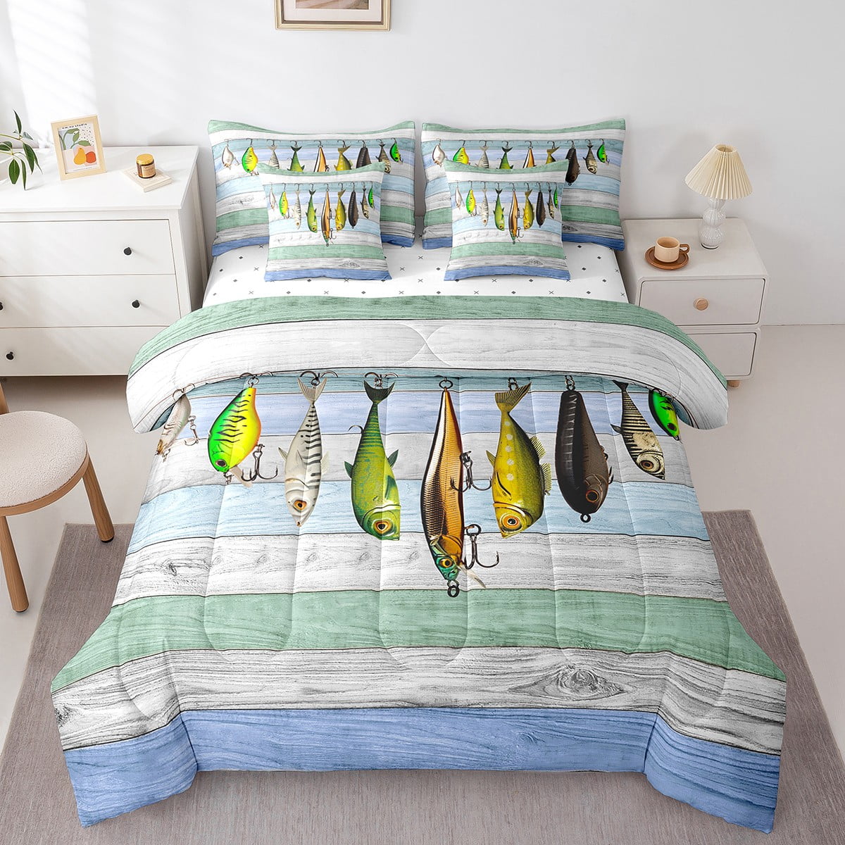 Colorful Fish Bed in a Bag Twin,Fish Hook Fishing 7 Piece Comforter Set ...