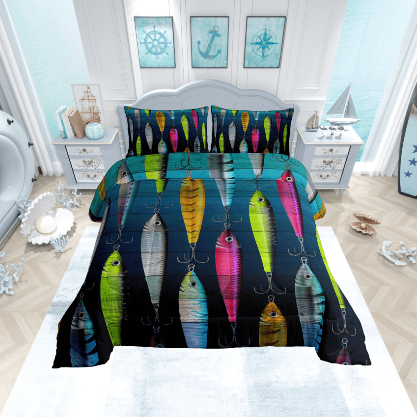 Colorful Fish Bedding Set Full, Fish Hook Fishing Comforter Set Teens ...