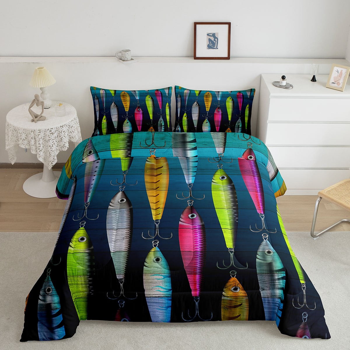 YST Colorful Fish Bedding Set Queen, Fish Hook Fishing Comforter Set ...