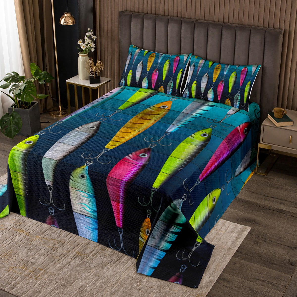 Colorful Fish Bedspread Set King, Fish Hook Fishing Quilt Set Teens ...