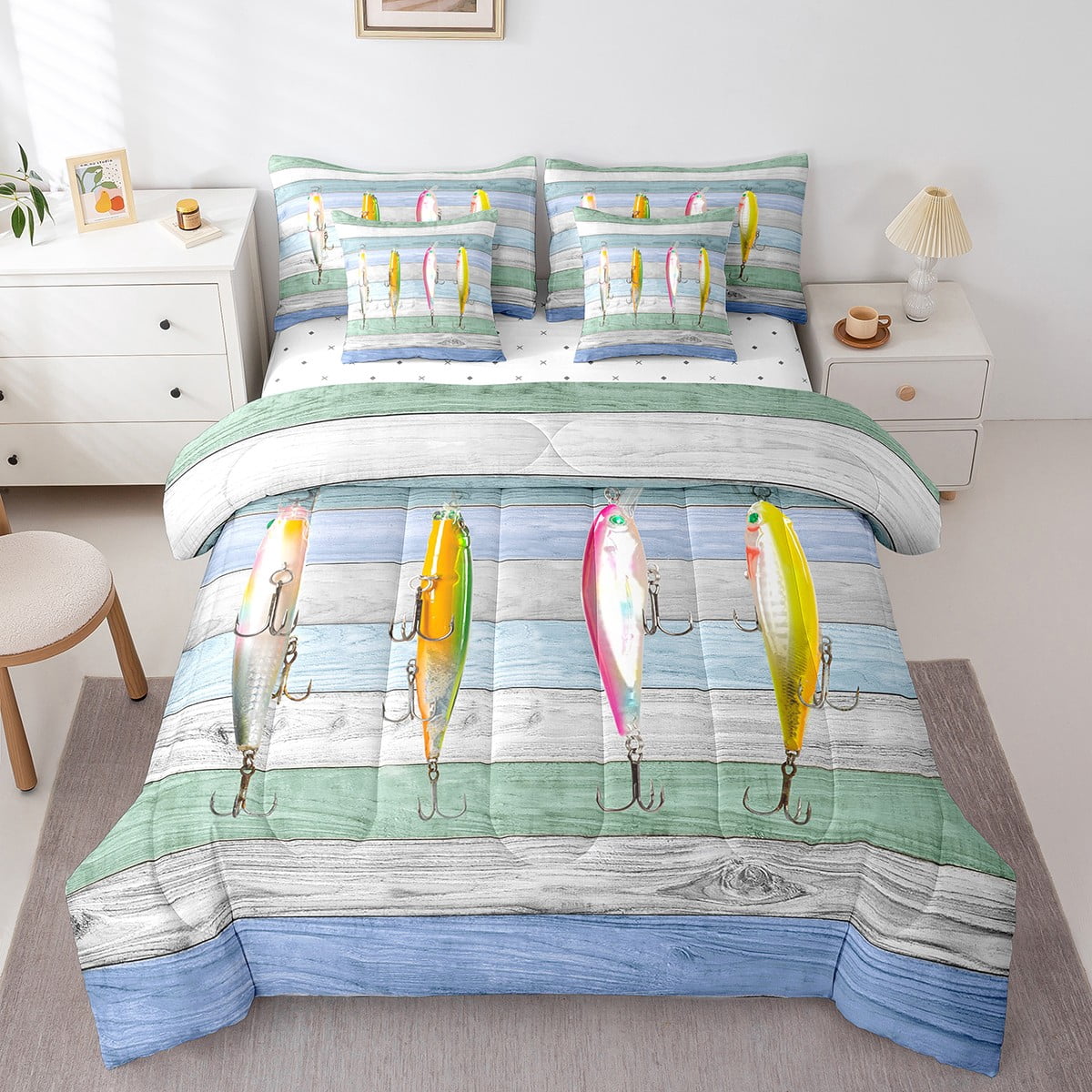 Colorful Fish Comforter Set 7 Piece King,Fish Hook Fishing Bed in a Bag ...