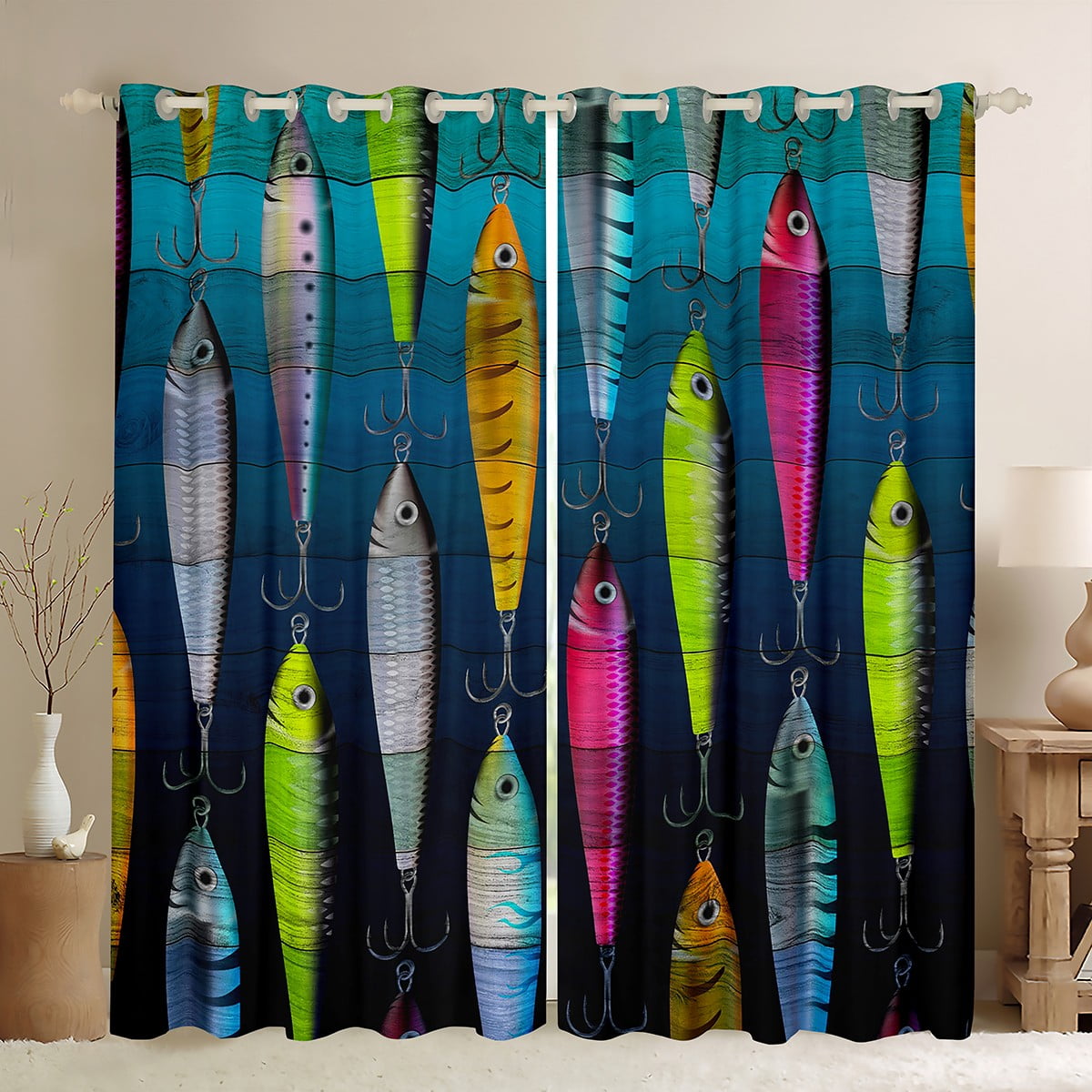 Erosebridal Colorful Fish Curtains, Fish Hook Fishing Blackout Curtains ...