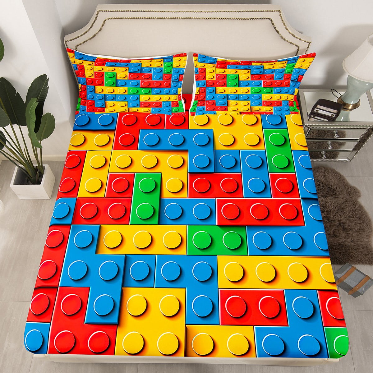 Erosebridal Colorful Fitted Sheet Queen, Building Blocks Bed Sheets, 3D ...