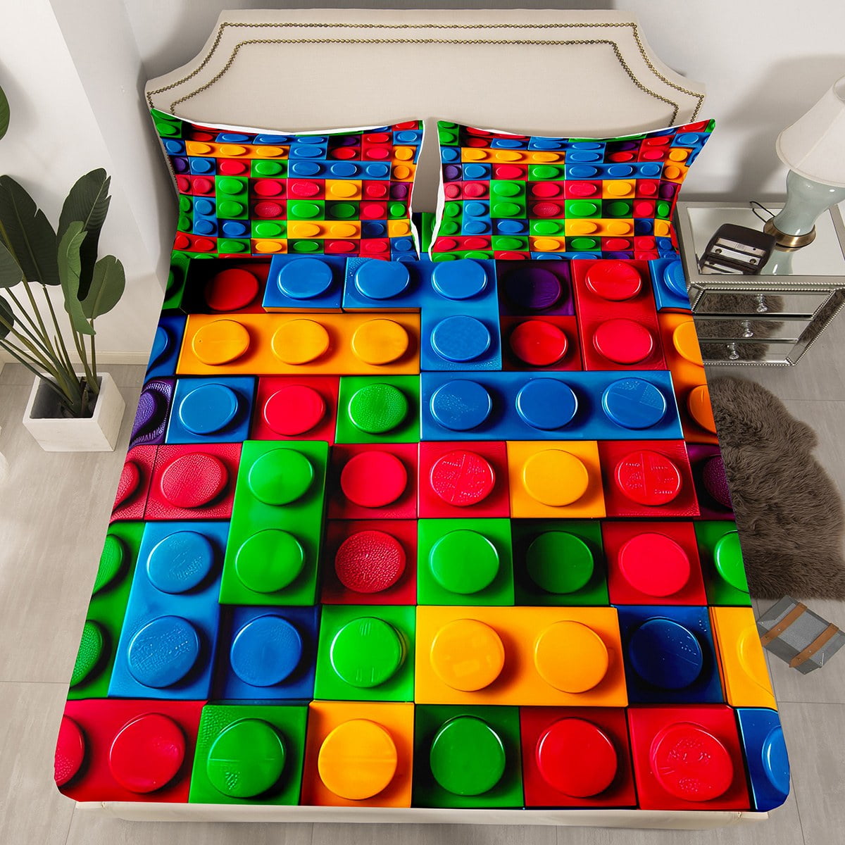 YST Colorful Fitted Sheet Twin, Building Blocks Bed Sheets For Teens ...