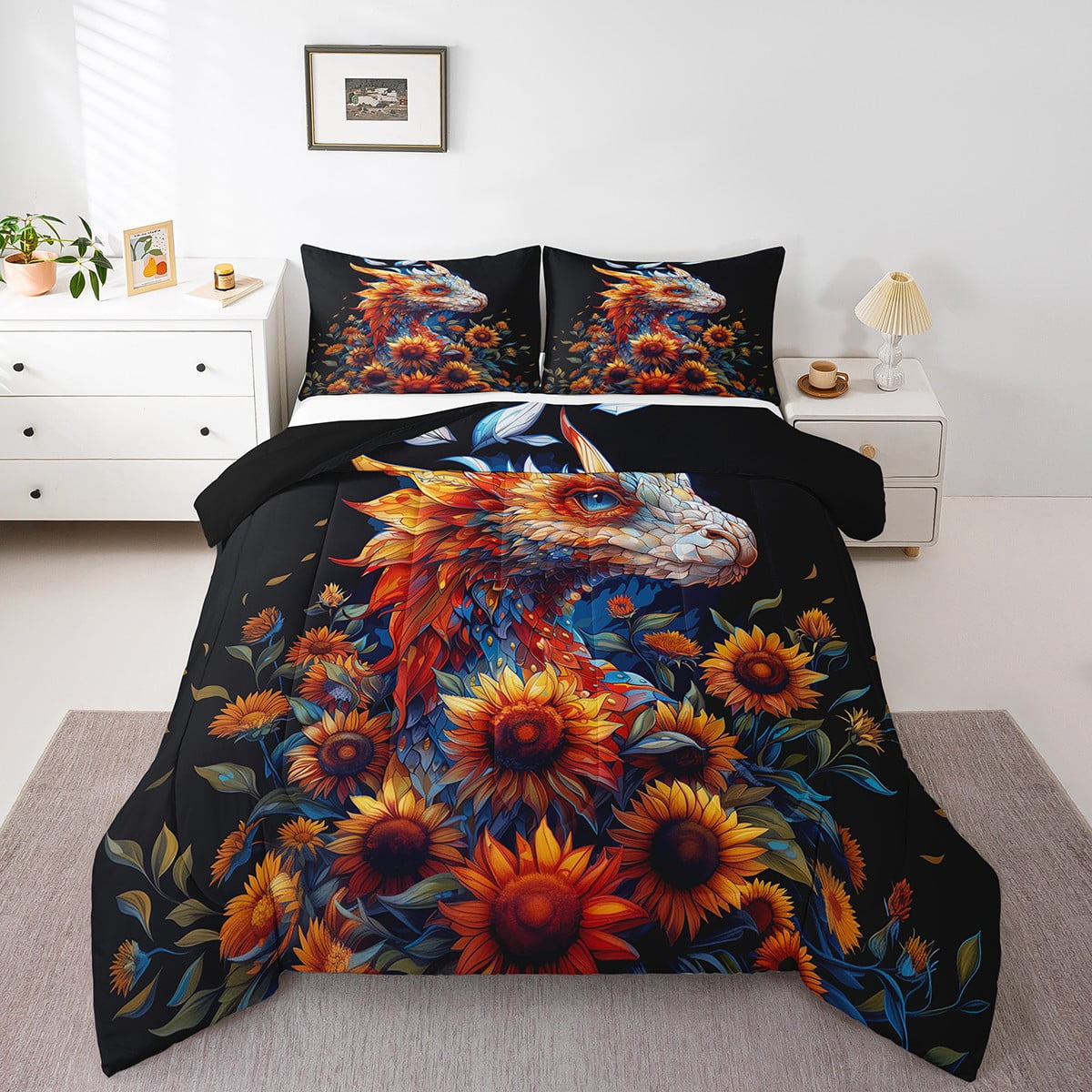 Colorful Floral Dragon Queen Bedding Set,Western Fantasy Dragon ...