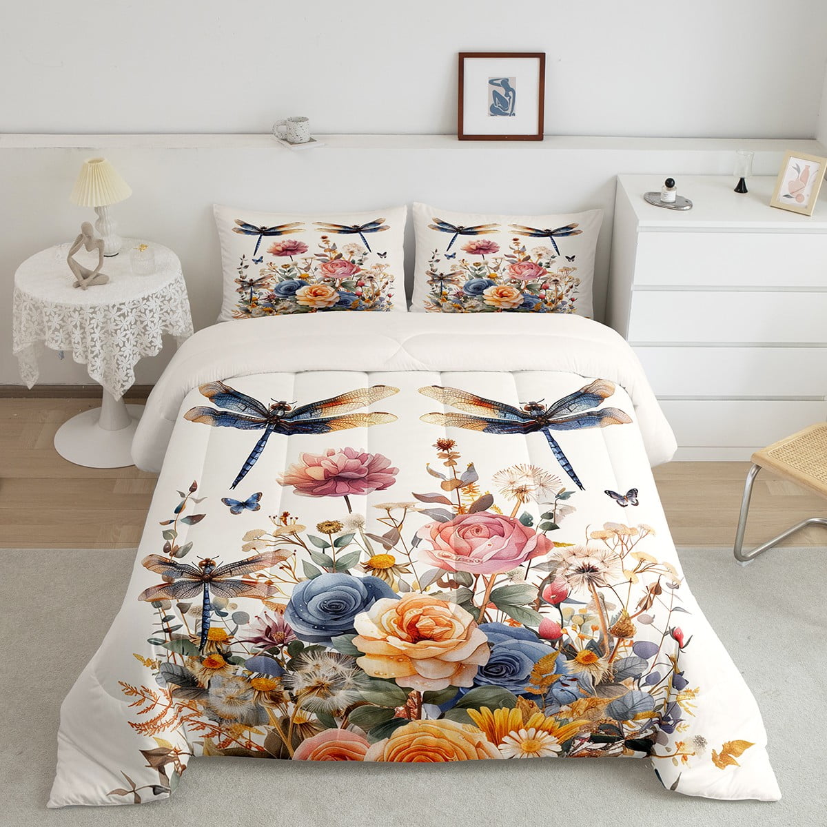 YST Colorful Floral Dragonfly Full Comforter Set,Boho Flower Butterfly ...