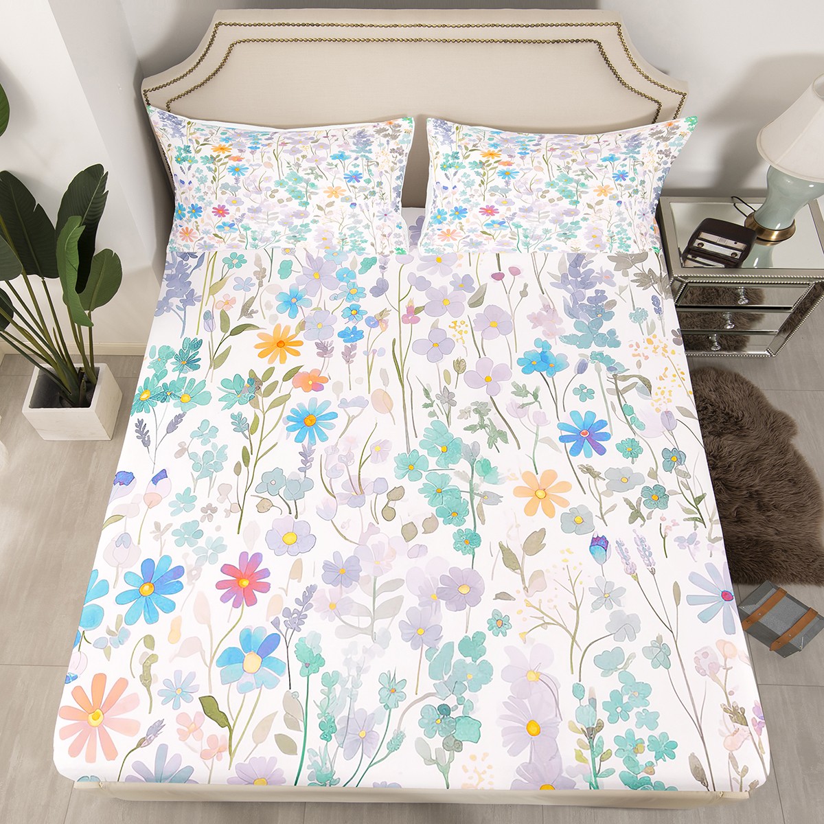 YST Colorful Floral Full Fitted Sheet for Girls Boys Kids,Green Blue ...