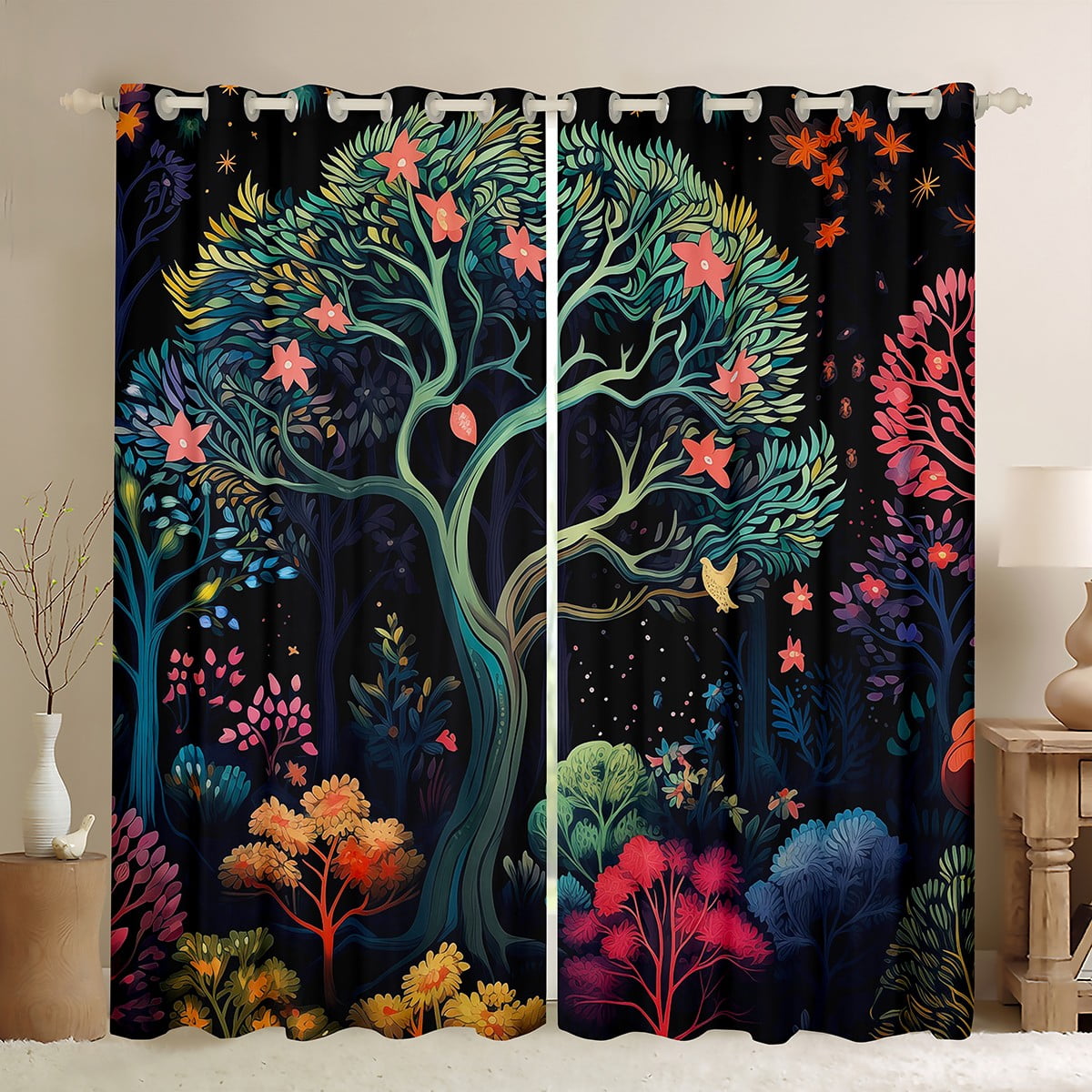 YST Colorful Floral Tree Curtains,Jungle Forest Plant Flower Curtains Blackout for Bedroom ...