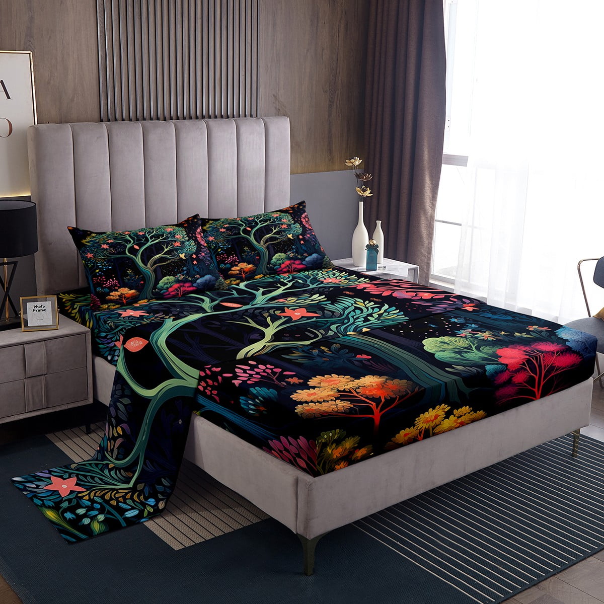 YST Colorful Floral Tree King Bed Sheets Set,Jungle Forest Plant Flower ...