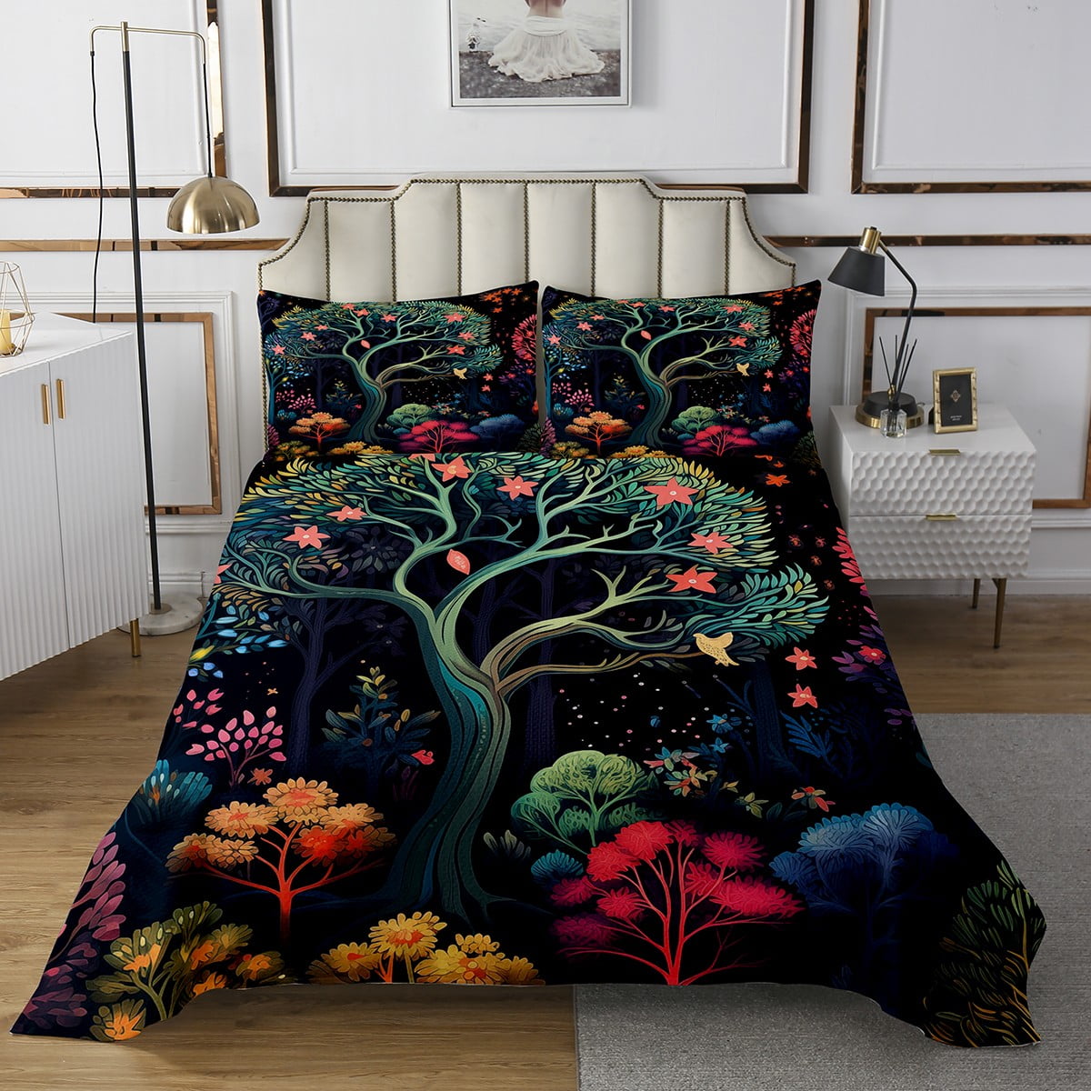 YST Colorful Floral Tree King Quilt Set,Jungle Forest Plant Flower ...