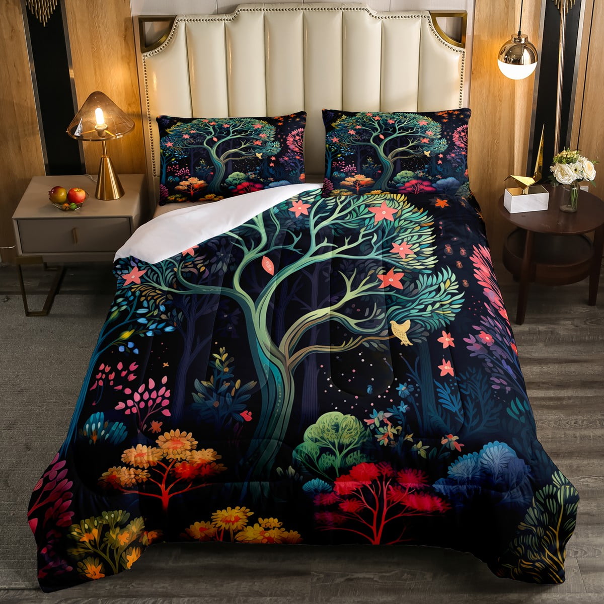 Colorful Floral Tree Bedding Set,Jungle Forest Plant Flower Comforter ...