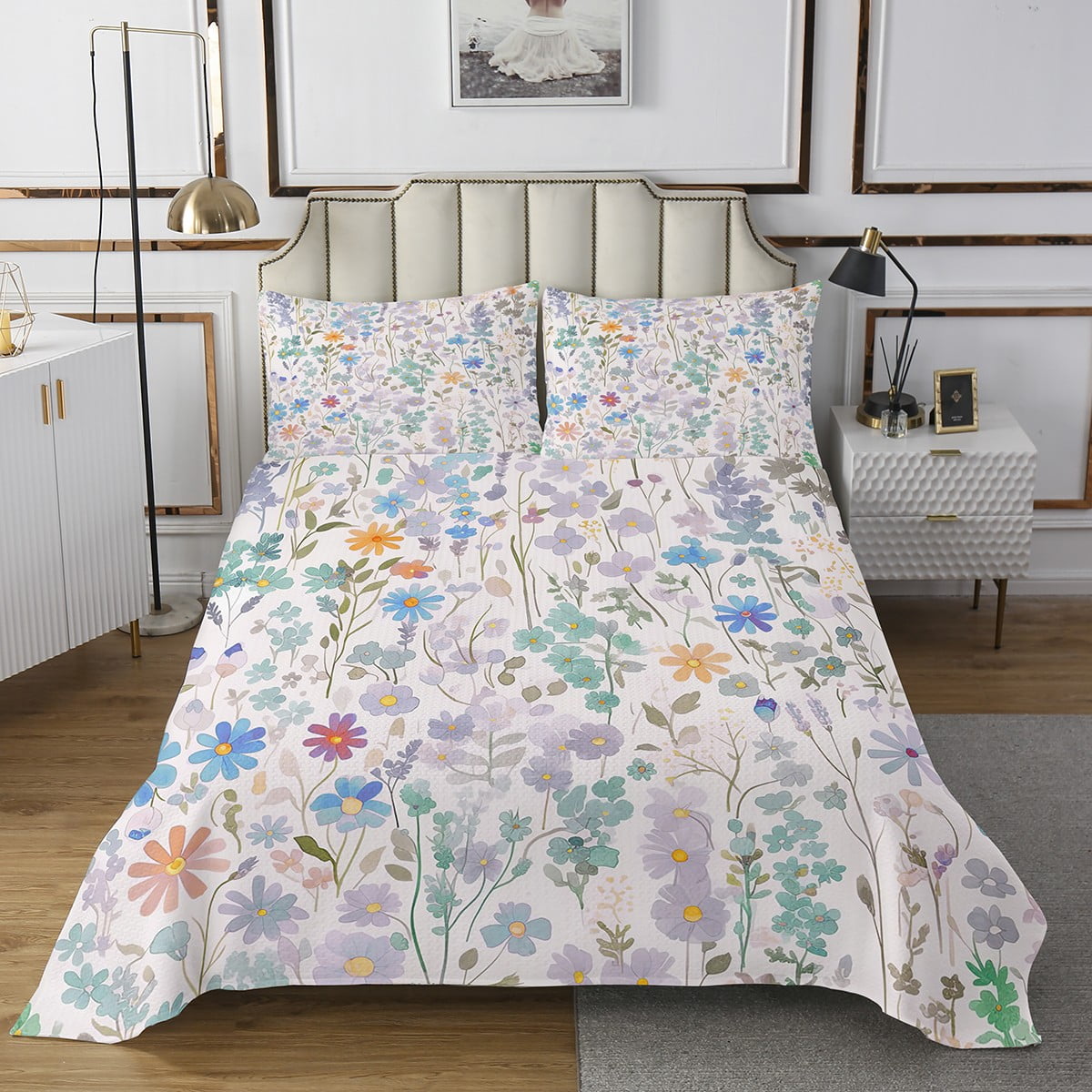 Colorful Floral Twin Bedspread,Green Blue Cute Flower Quilt Bedding Set ...