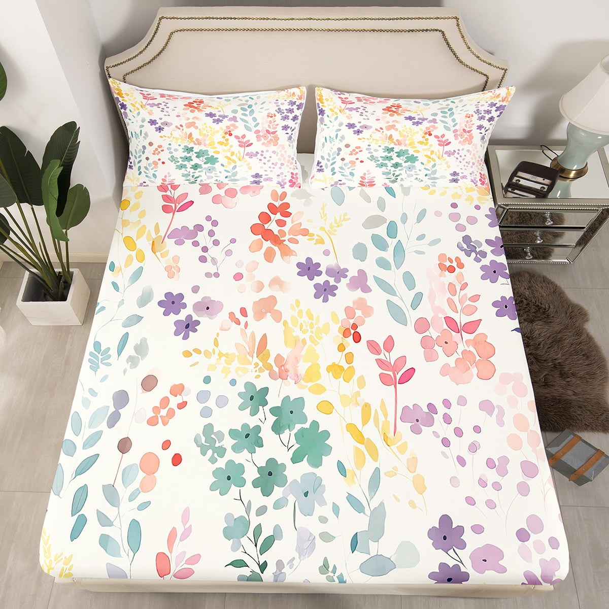 YST Colorful Floral Twin Fitted Sheet for Kids Girls Women,Cute Rainbow ...